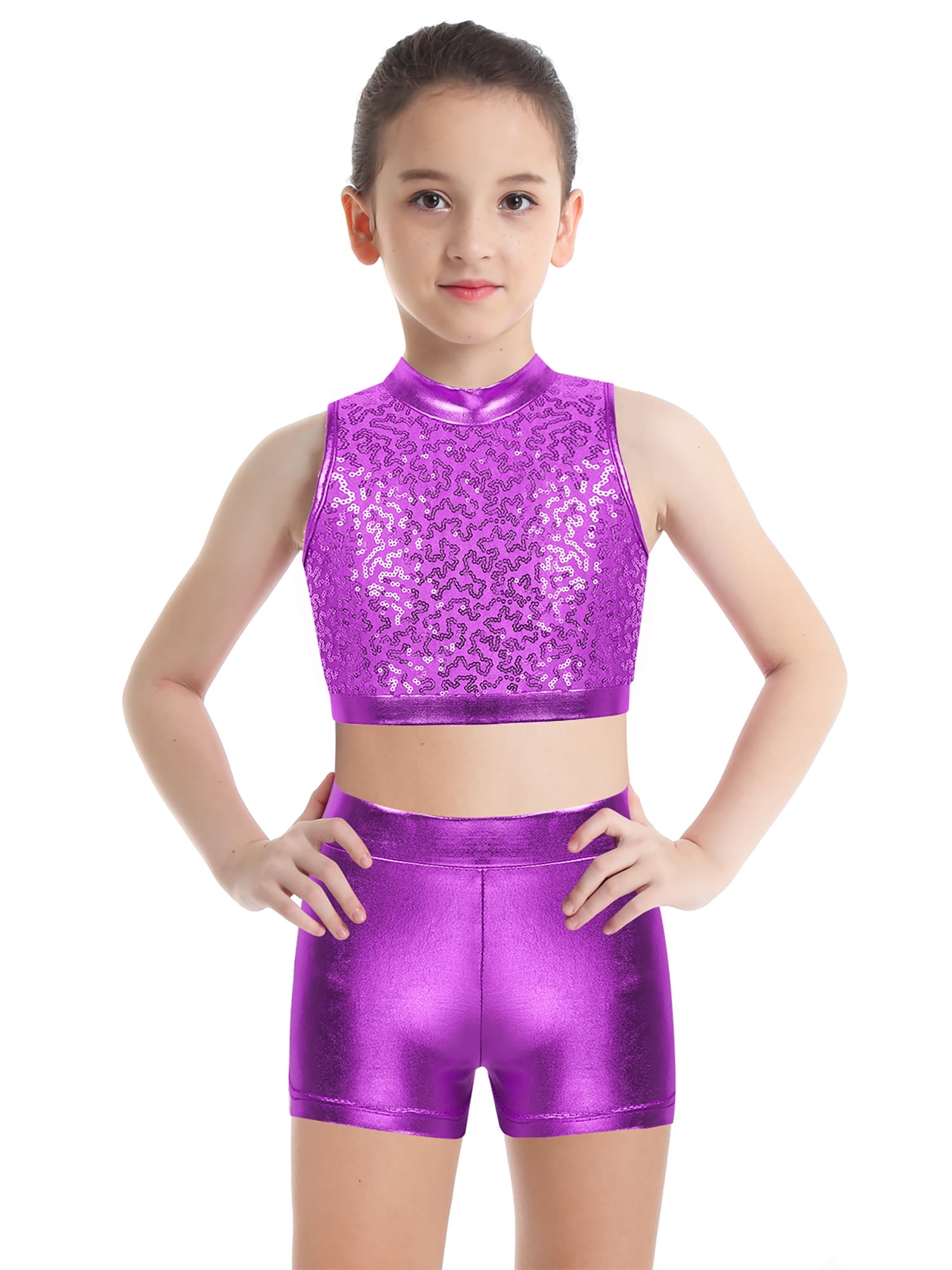 iEFiEL Girls Sparkly Sequins Ballet Dance Outfit Gymnastics Crop Top ...
