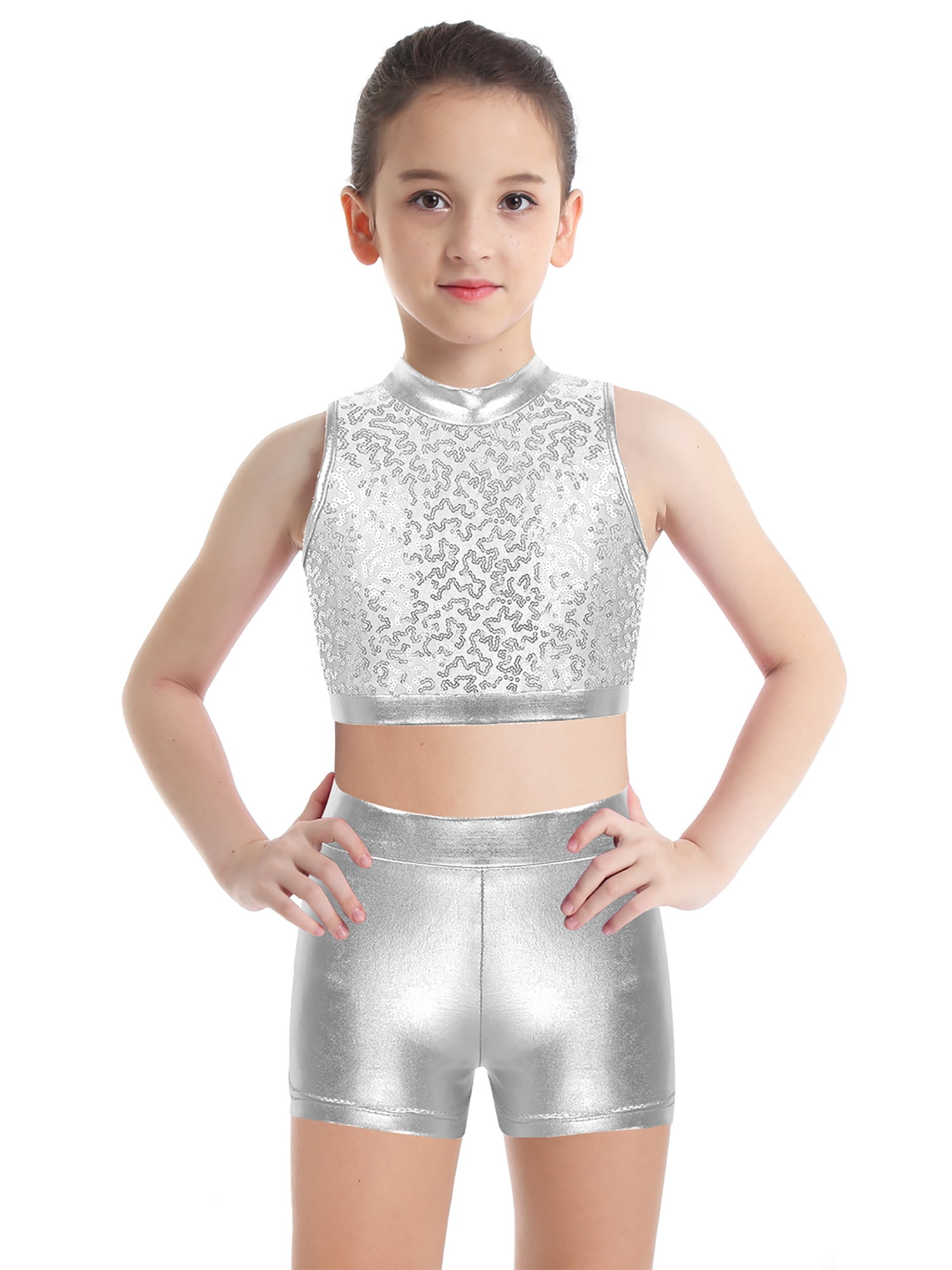 iEFiEL Girls Sparkly Sequins Ballet Dance Outfit Gymnastics Crop Top ...