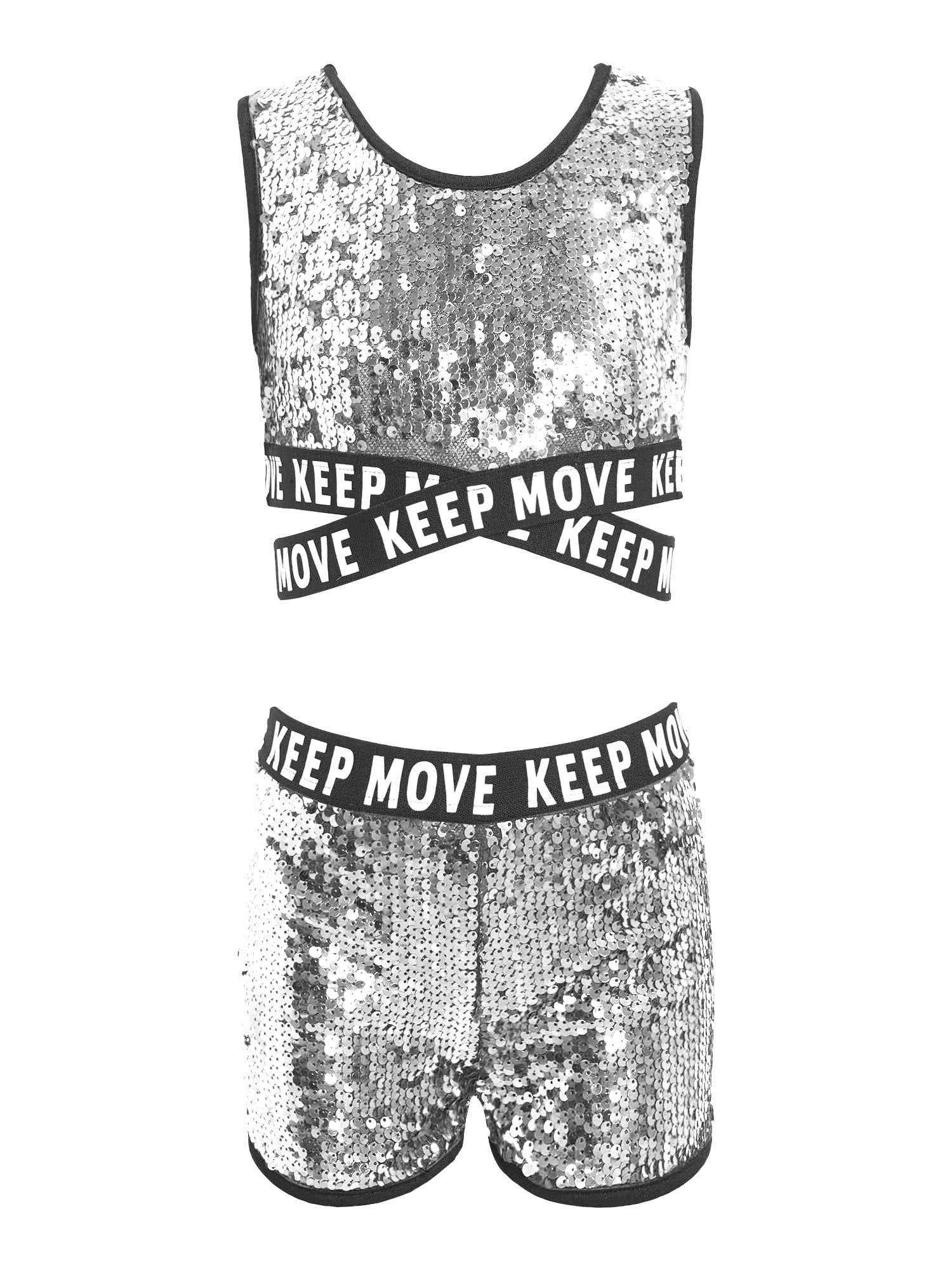 iEFiEL Girls Sparkly Sequins Ballet Dance Outfit Gymnastics Crop Top ...