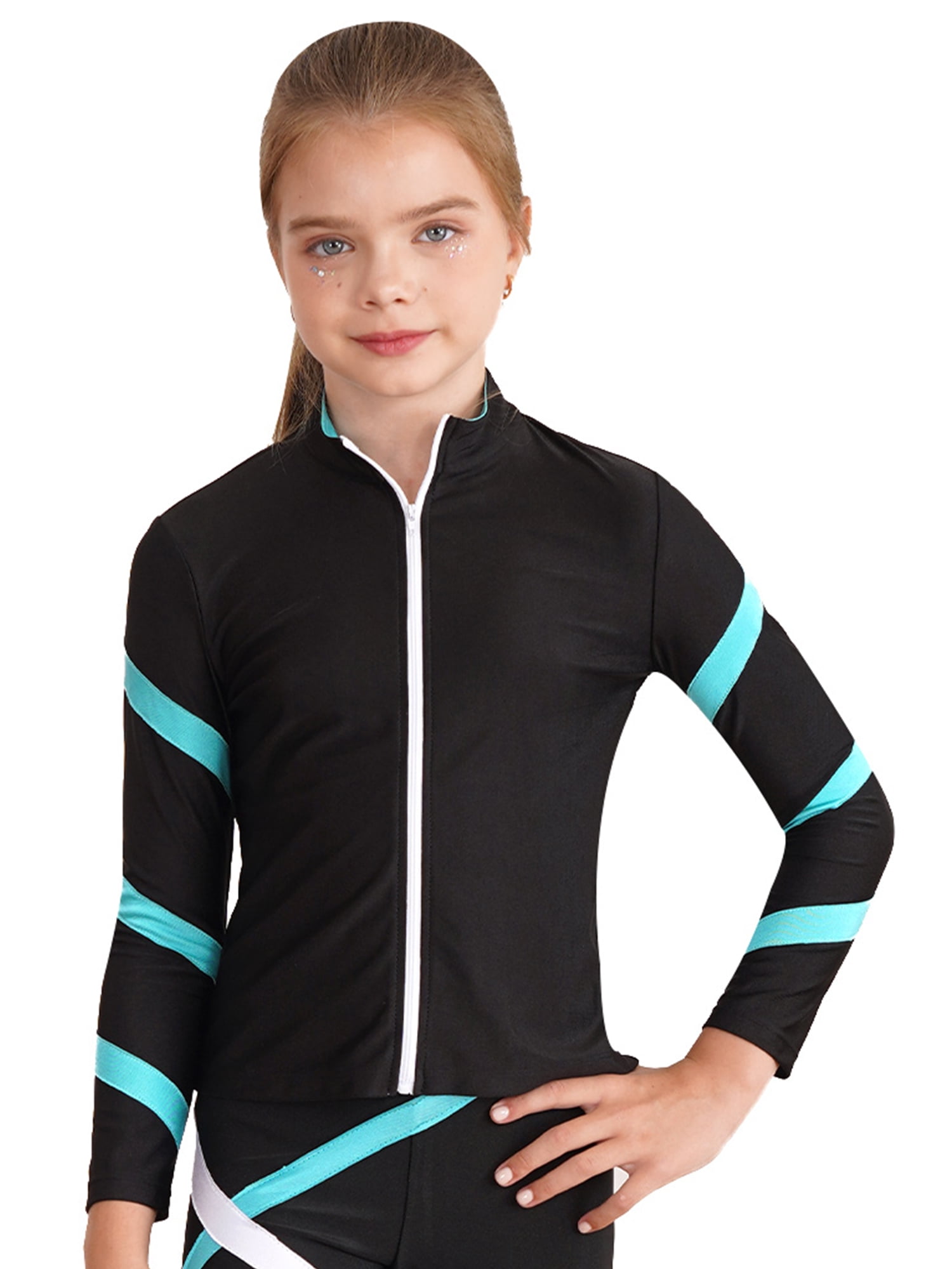 iEFiEL Girls Stand Collar Athletic Workout Tops Stripes Long Sleeve ...