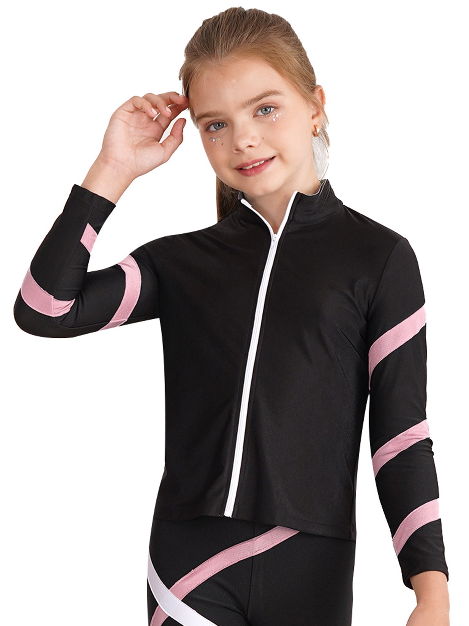 iEFiEL Girls Stand Collar Athletic Workout Tops Stripes Long Sleeve ...