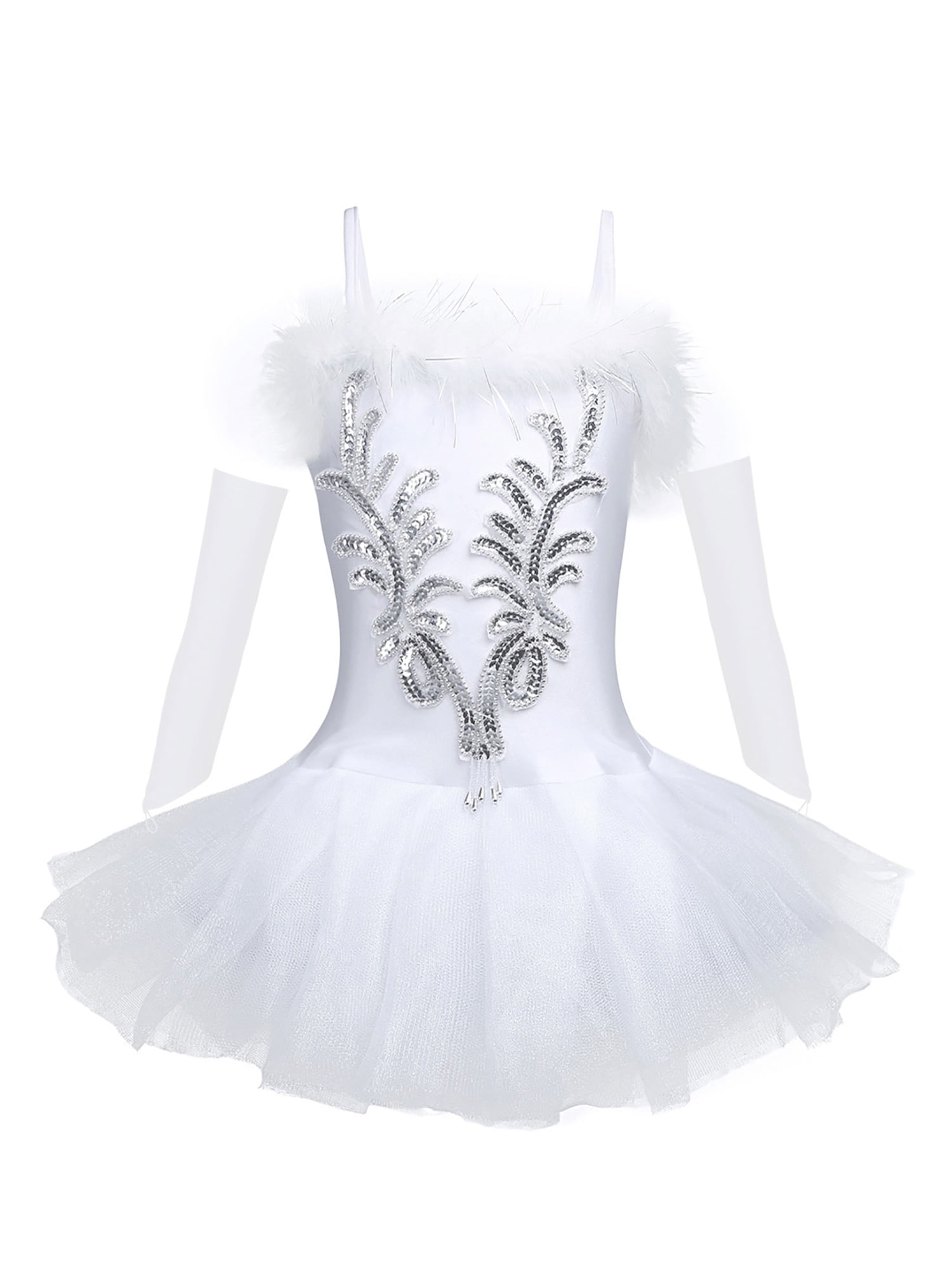 iEFiEL Girls Swan Sequins Ballet Dance Leotard Dress with Gloves Hair ...