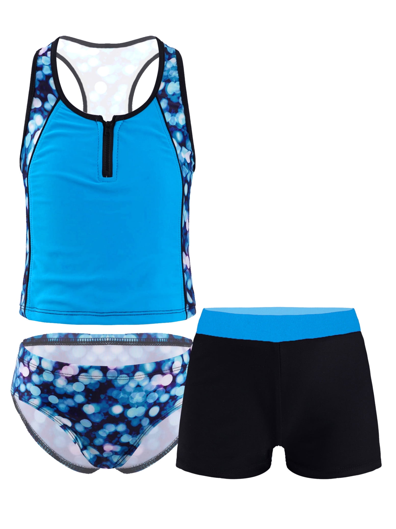 iEFiEL Girls Tankini Swimsuit 3 Piece Floral Print Bikini Swimwear Blue ...