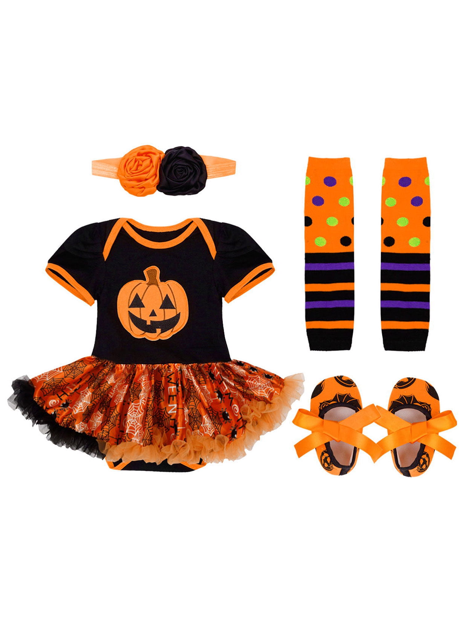 iEFiEL Infant Baby Girls Halloween Costume Pumpkin Outfit Romper with Leg Warmer Shoes Set ...