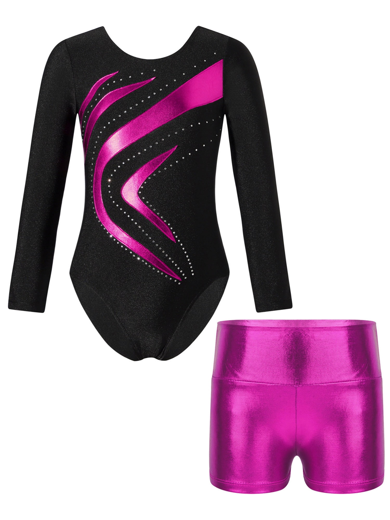 iEFiEL Kid Girls Dance Leotard with Shorts Gymnastics Ballet Suit Long Sleeve Fitness Workout ...