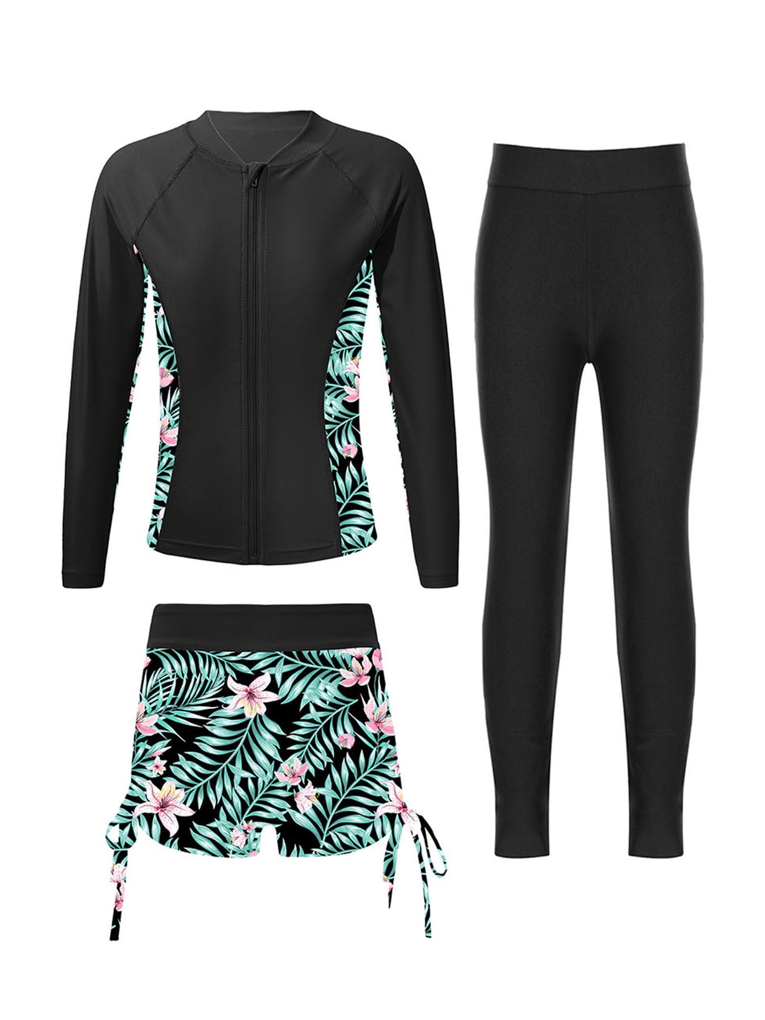 iEFiEL Kids Girls 3Pcs Rash Guard Set Floral Long Sleeve Swimwear Top ...