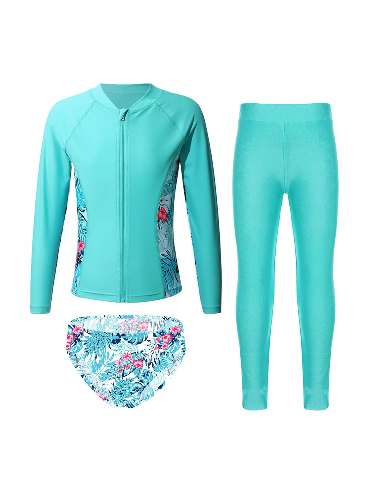 iEFiEL Kids Girls 3Pcs Rash Guard Swimsuit Zip Up Long Sleeve Jacket ...