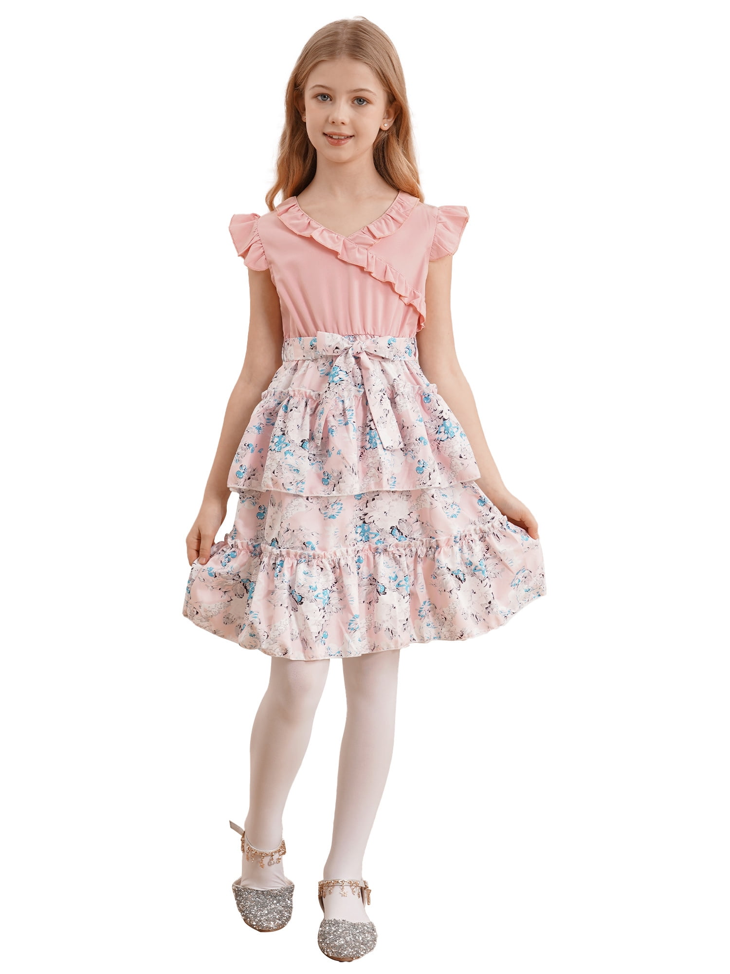 iEFiEL Kids Girls Casual Floral Print Dress V Neck Ruffle Sleeve Tiered A-line Swing Dress with ...