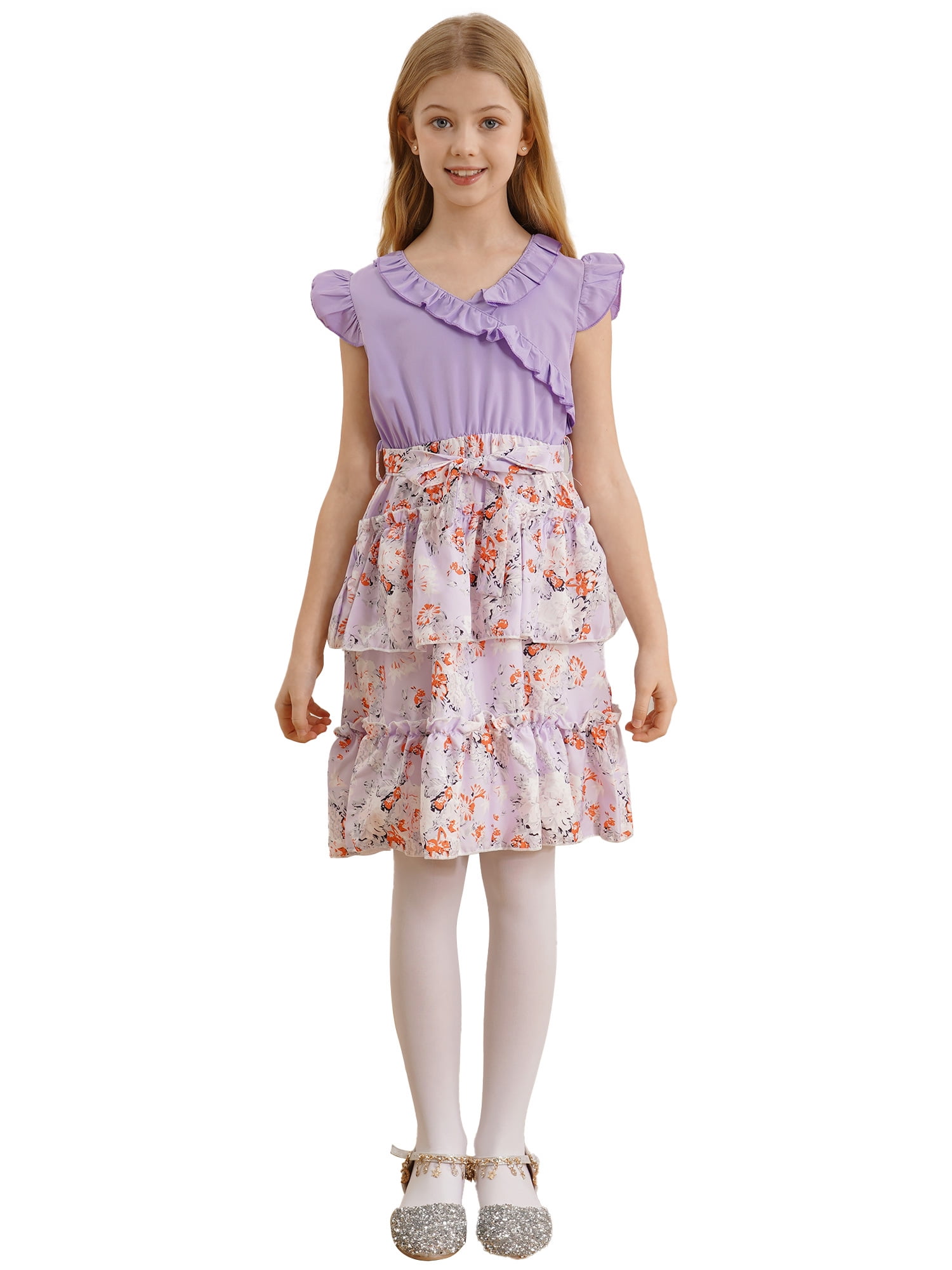iEFiEL Kids Girls Casual Floral Print Dress V Neck Ruffle Sleeve Tiered A-line Swing Dress with ...
