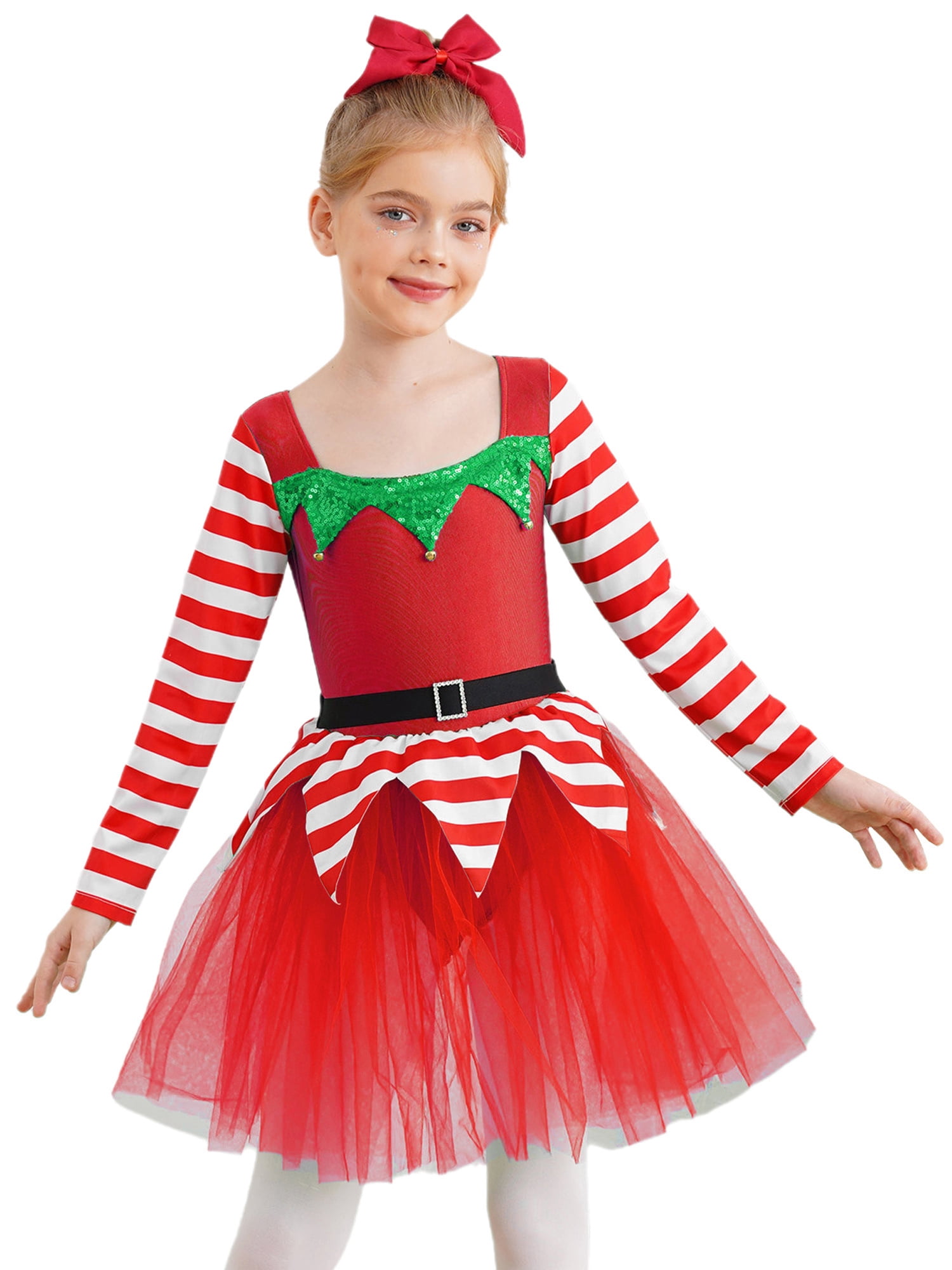 iEFiEL Kids Girls Christmas Elf Dress Long Sleeve Stripes Tutu Dance ...