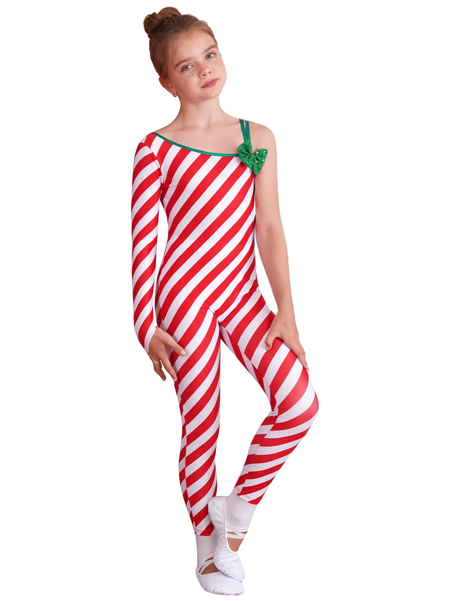 iEFiEL Kids Girls Christmas One Shoulder Striped Unitard Ballet Dance ...