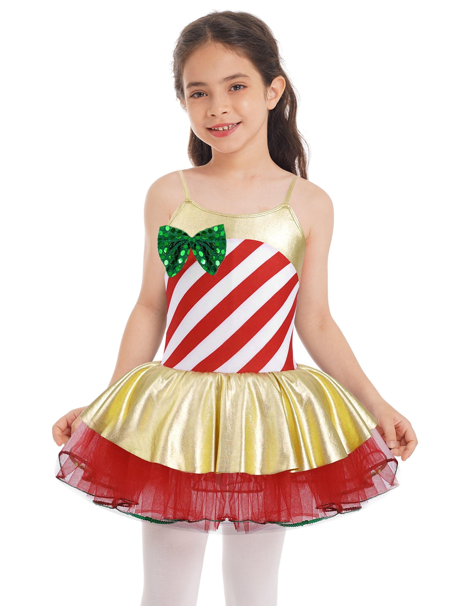 iEFiEL Kids Girls Christmas Party Candy Cane Costume Figure Skating ...