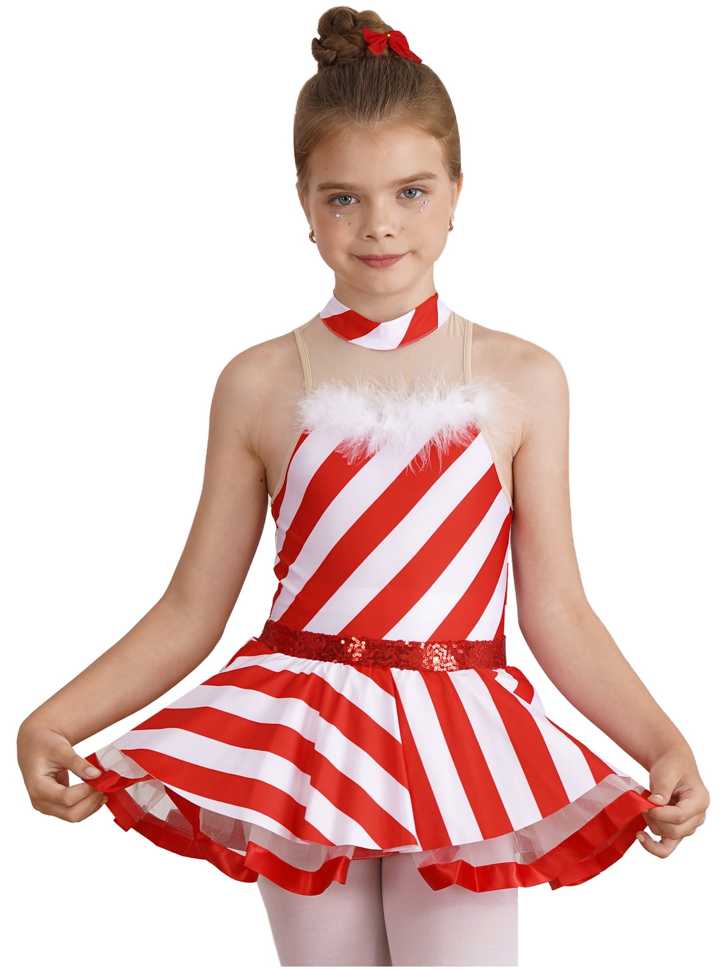 iEFiEL Kids Girls Christmas Party Candy Cane Costume Sequins Striped ...