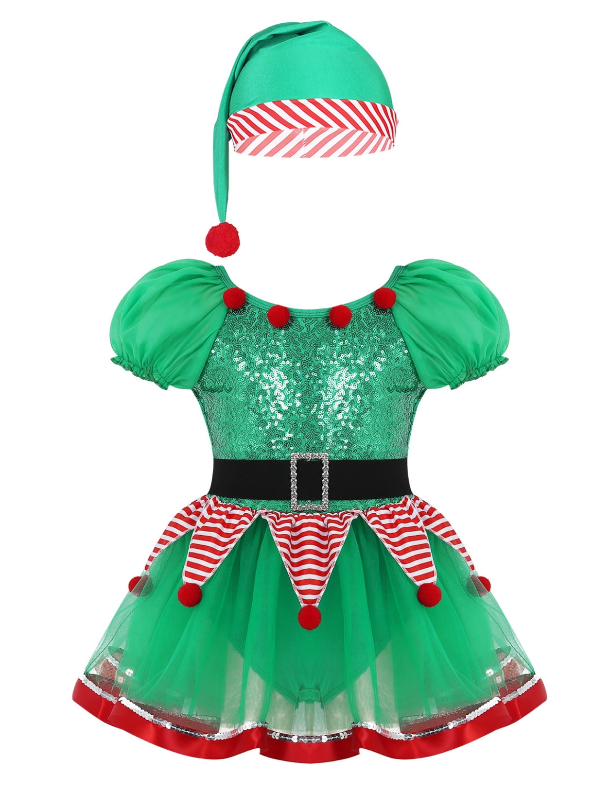 iEFiEL Kids Girls Christmas Santa's Elf Costume Outfit Xmas Sequin Tutu ...