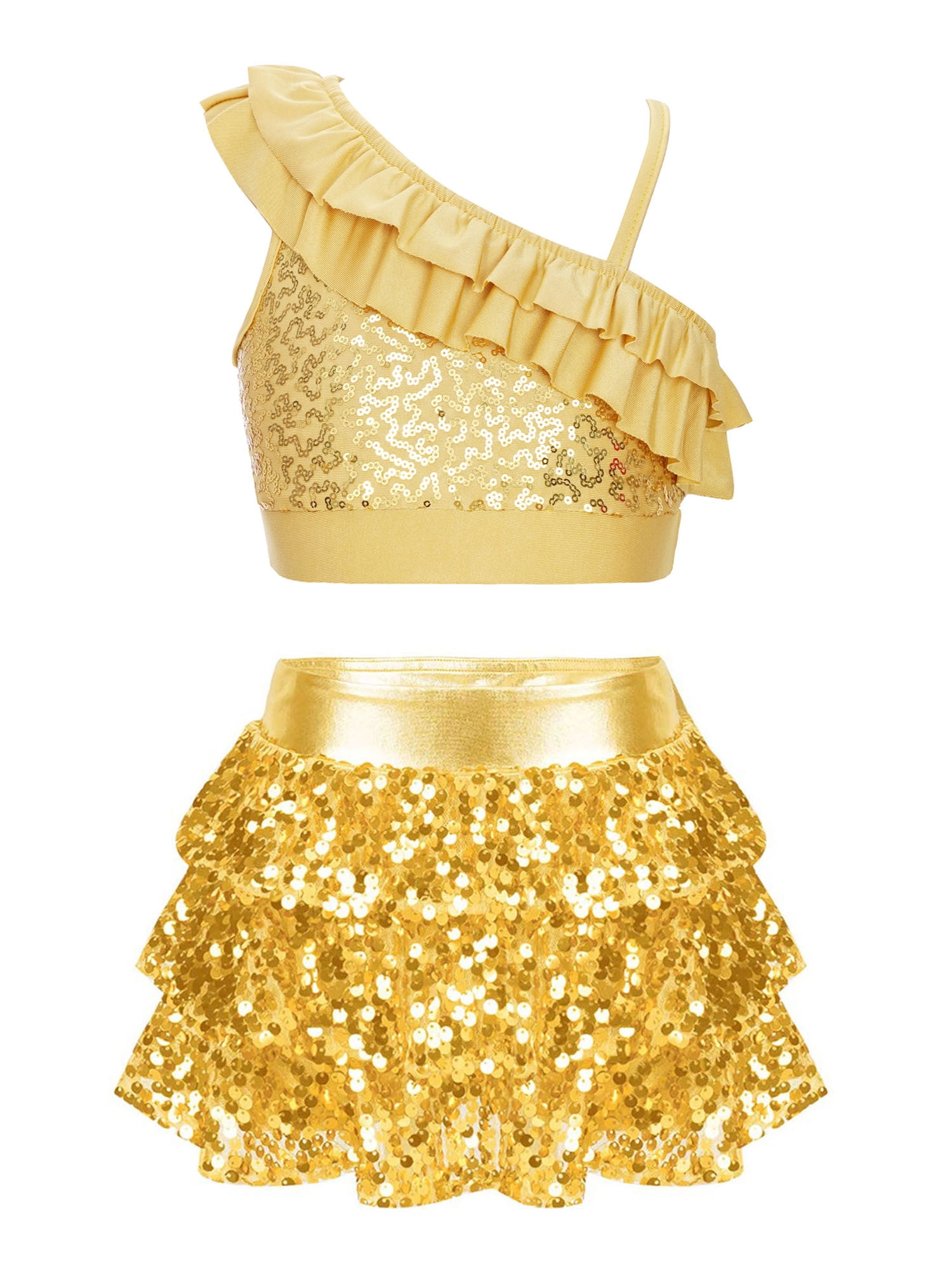 iEFiEL Kids Girls Dance Outfit Asymmetrical Sequins Crop Top with ...
