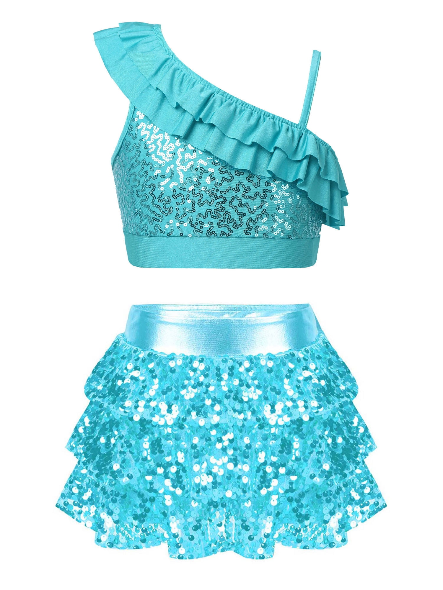 iEFiEL Kids Girls Dance Outfit Asymmetrical Sequins Crop Top with ...