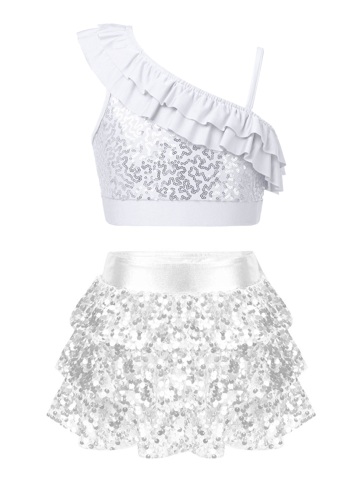 iEFiEL Kids Girls Dance Outfit Asymmetrical Sequins Crop Top with ...