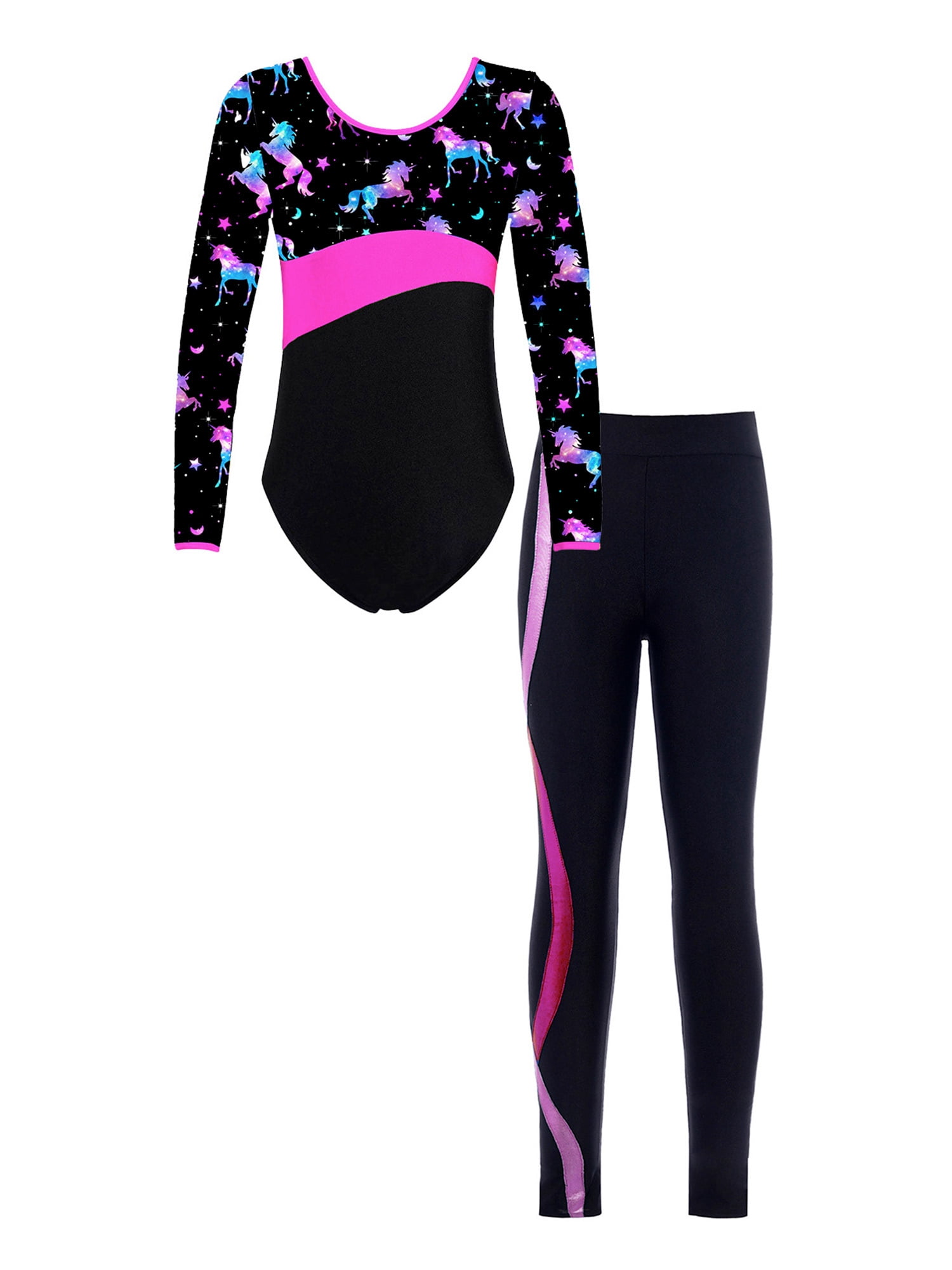 iEFiEL Kids Girls Dance Outfit Set Long Sleeve Printed Leotard with ...