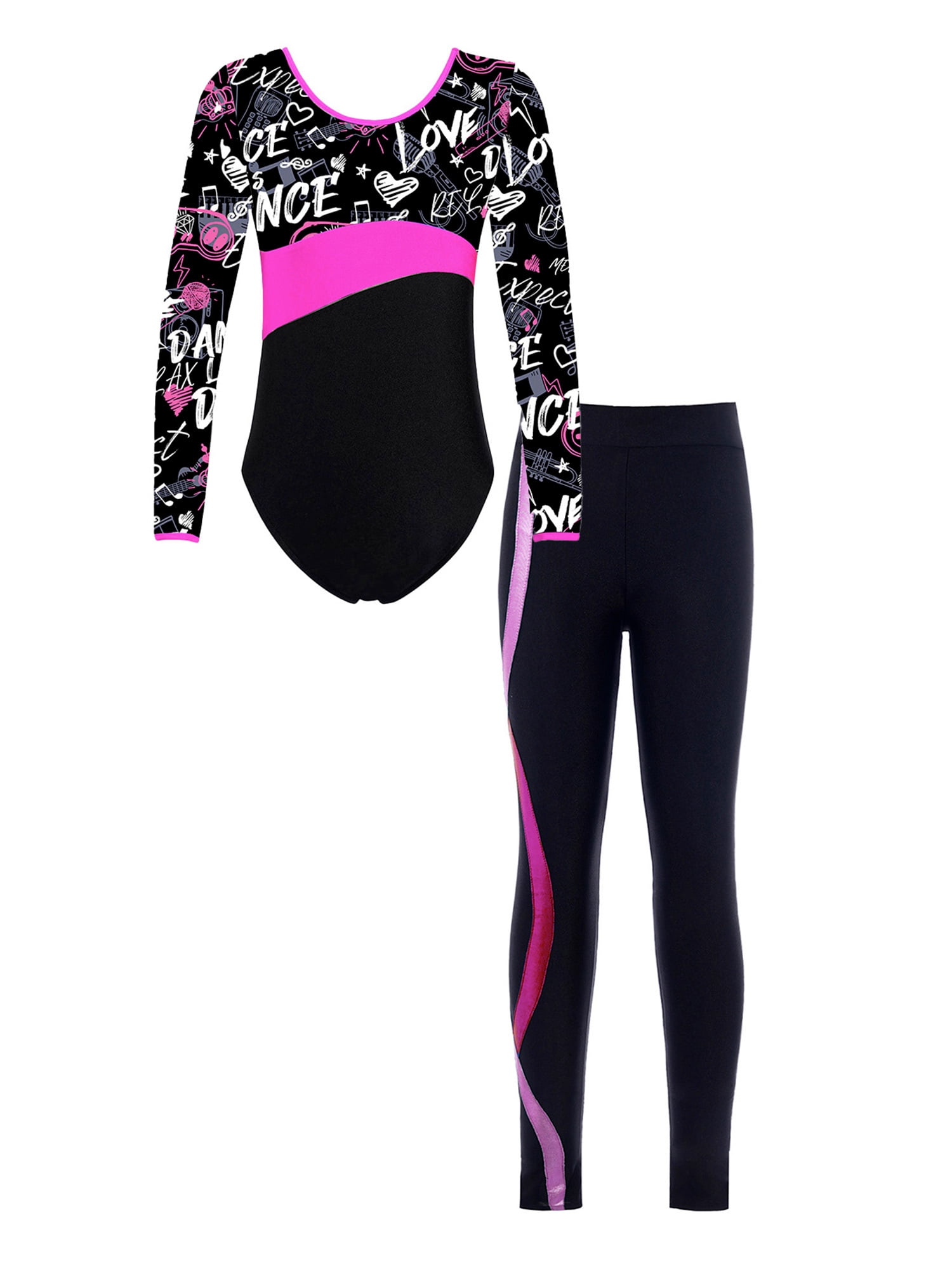 iEFiEL Kids Girls Dance Outfit Set Long Sleeve Printed Leotard with ...
