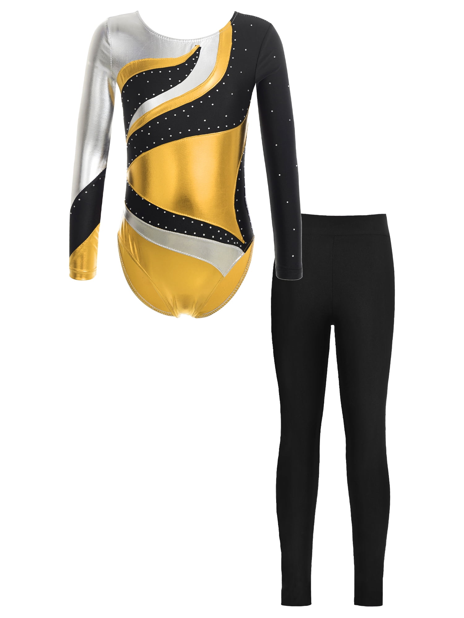 iEFiEL Kids Girls Dance Set Long Sleeve Shiny Rhinestones Leotard with ...