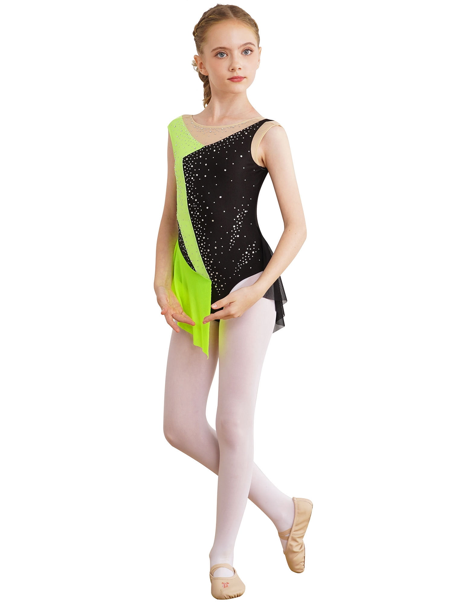 iEFiEL Kids Girls Figure Skating Leotard Dress Shiny Rhinestone Mesh ...