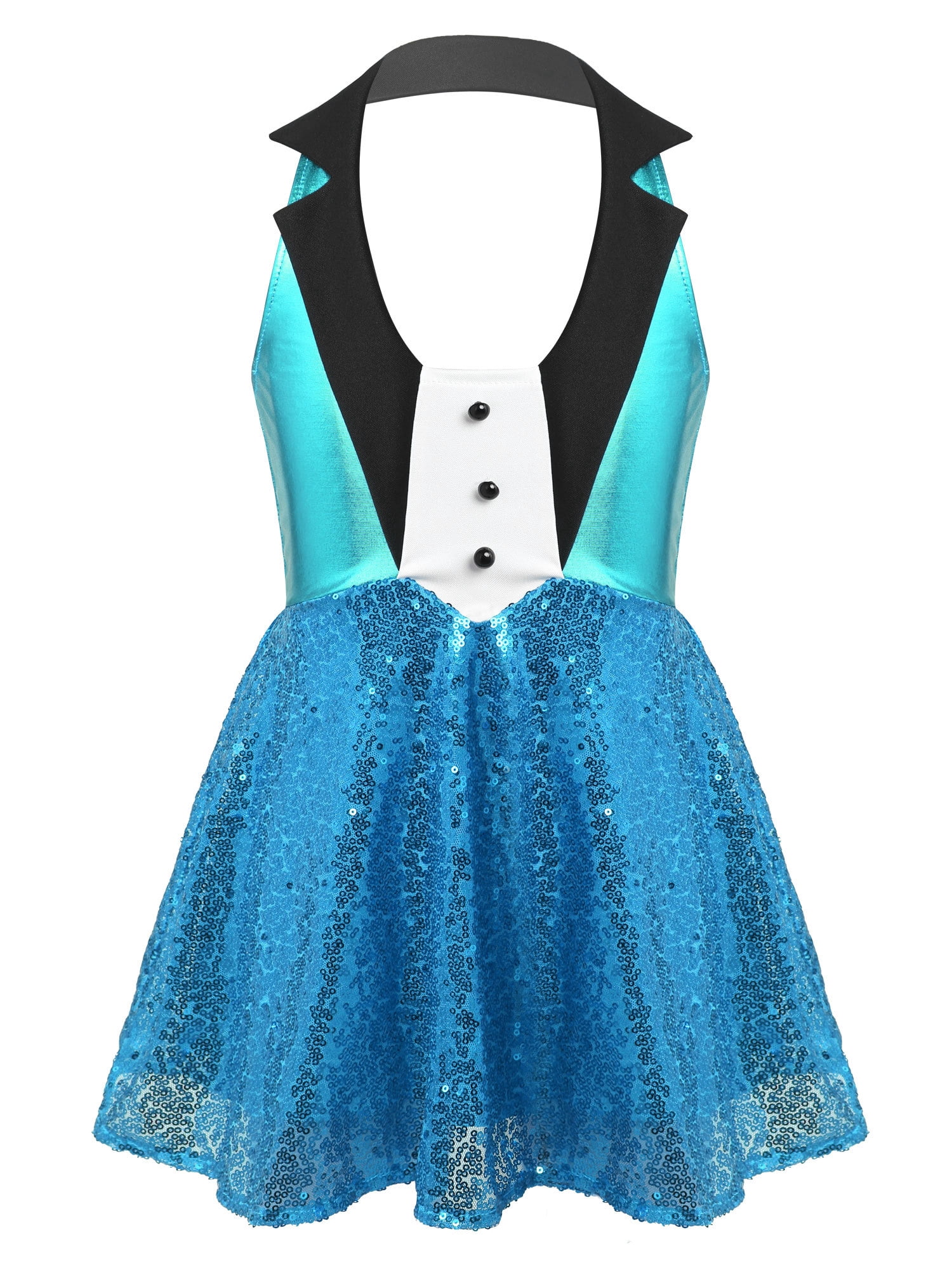 iEFiEL Kids Girls Jazz Tap Dance Dress Halter Sequins Hem Dancewear ...