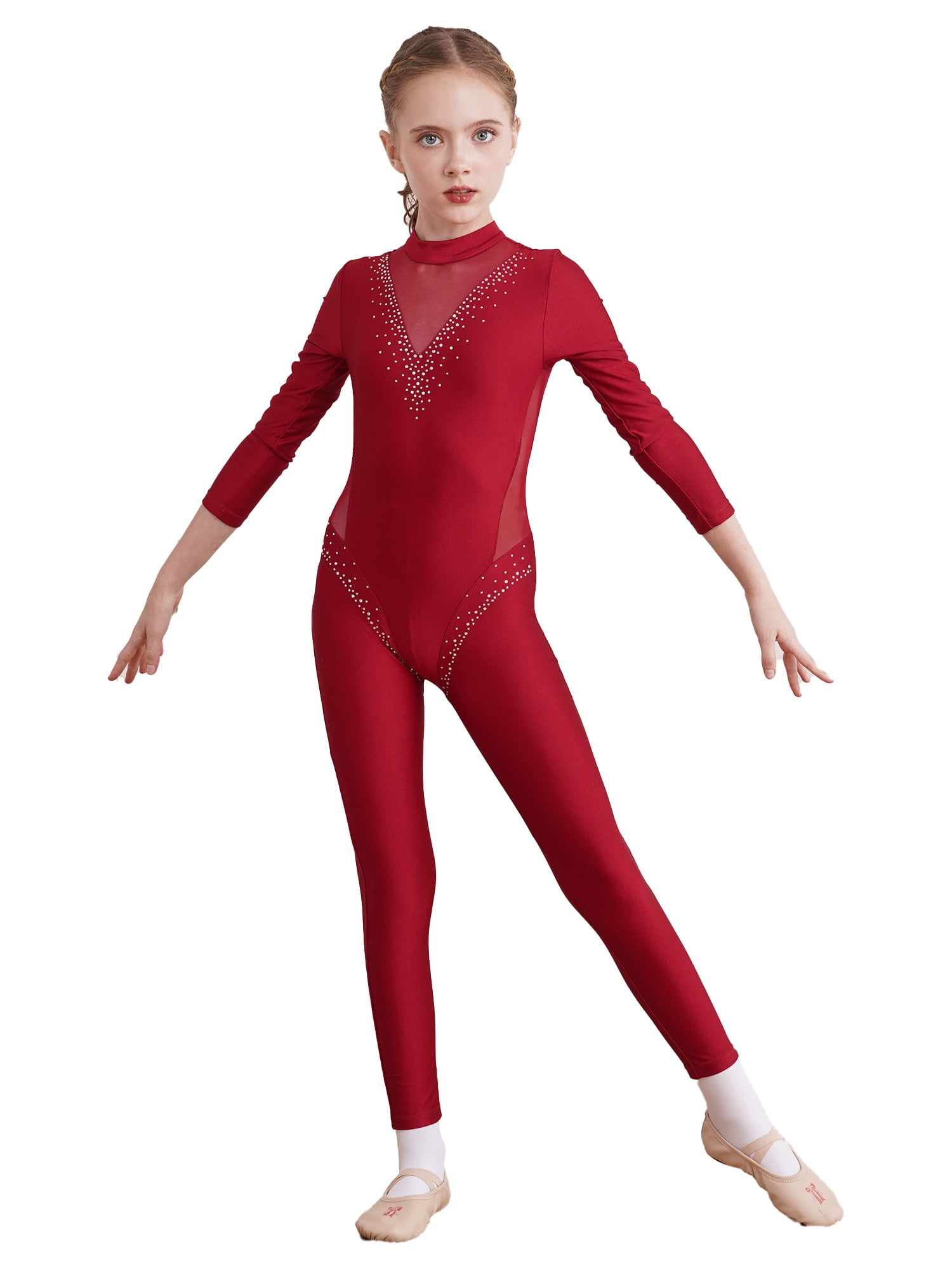 iEFiEL Kids Girls Long Sleeve Full Unitard Shiny Rhinestone Gymnastics ...