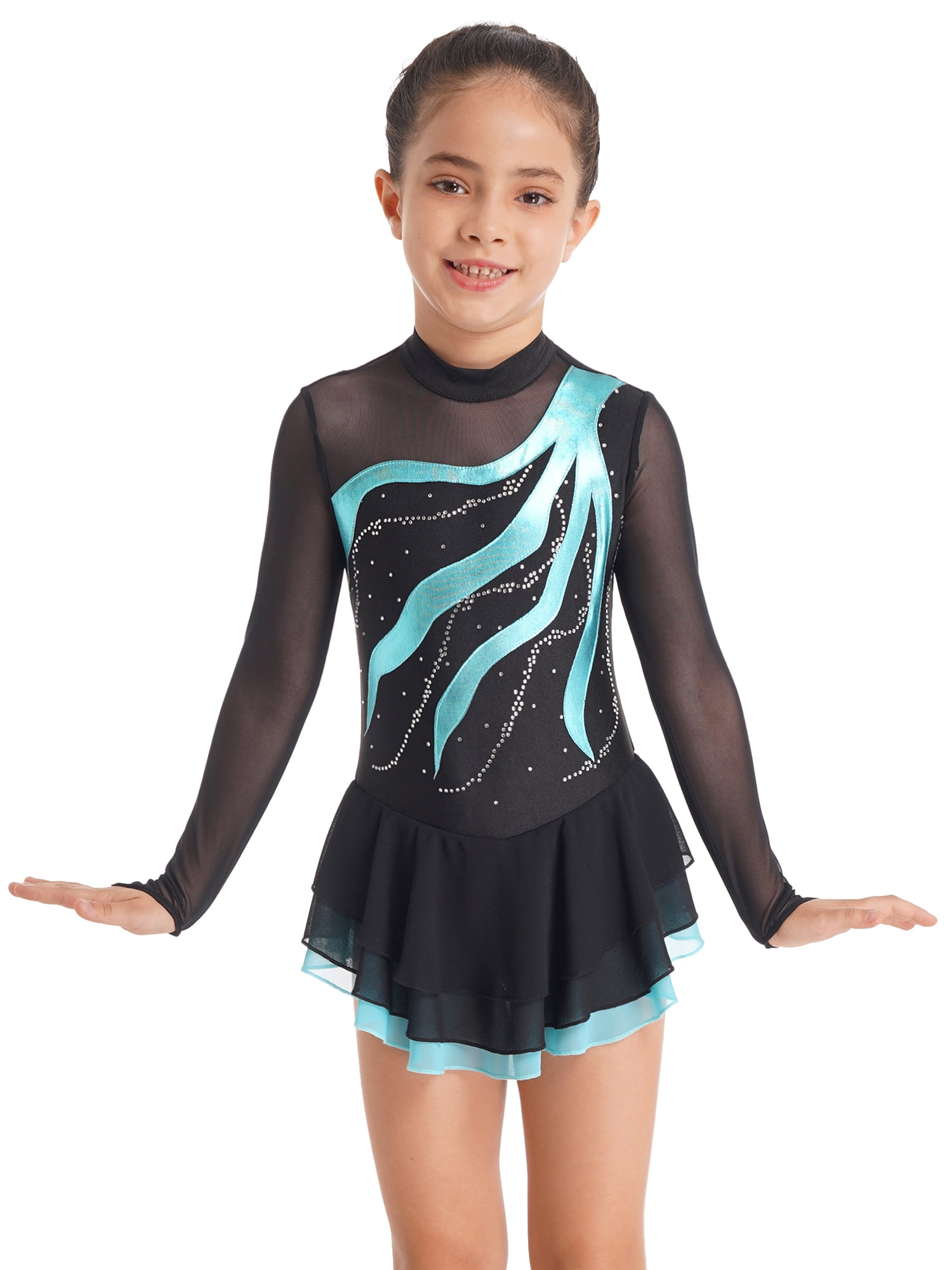 iEFiEL Kids Girls Long Sleeve Glitters Mesh Tutu Figure Ice Skating ...