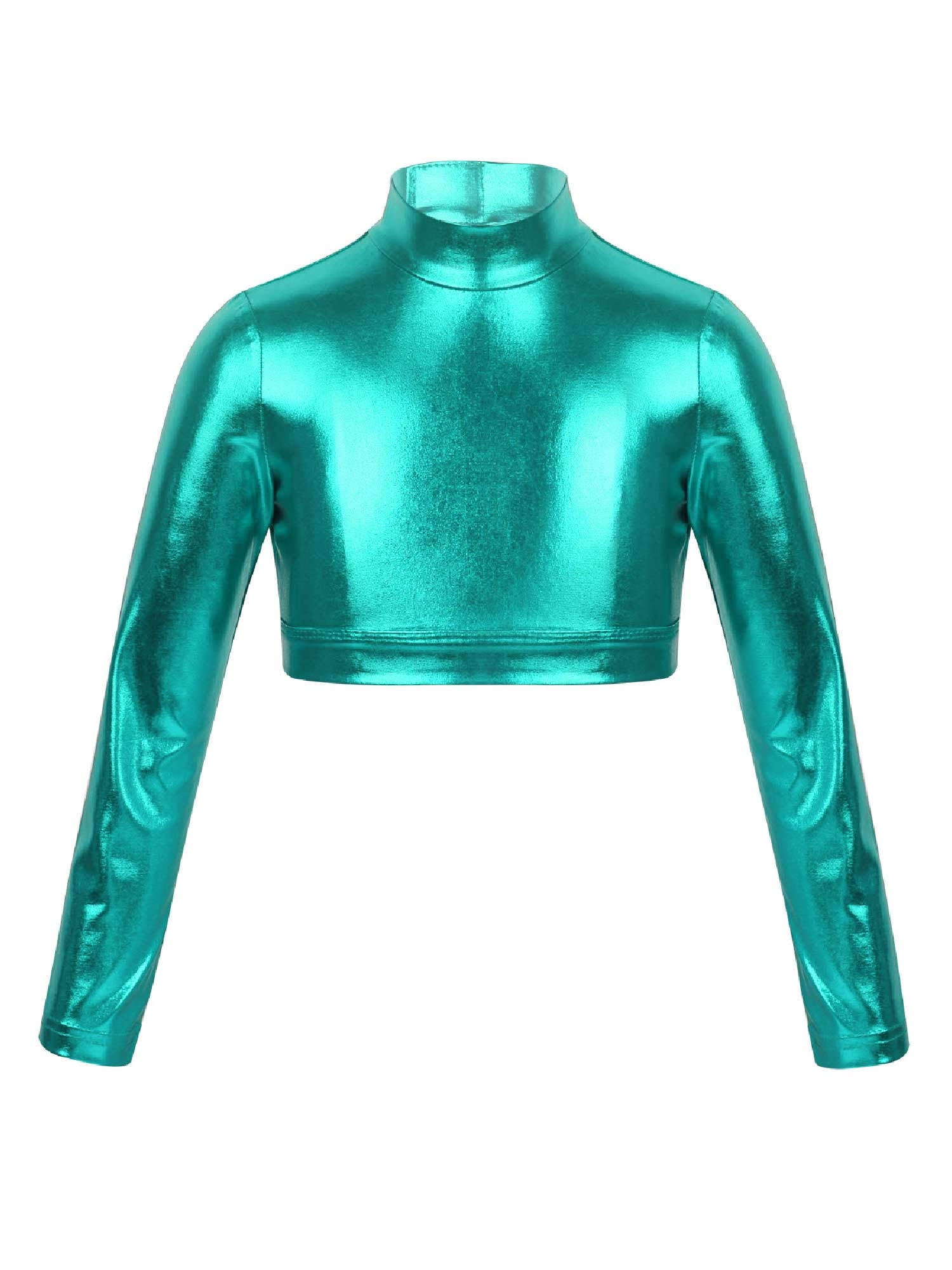 iEFiEL Kids Girls Long Sleeves Glossy Metallic Tops Crop Top for ...