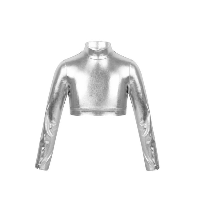 iEFiEL Kids Girls Long Sleeves Glossy Metallic Tops Crop Top for ...