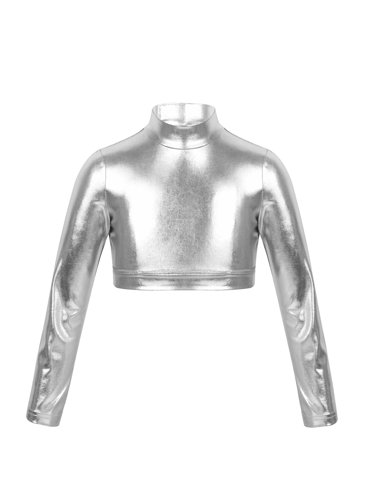 iEFiEL Kids Girls Long Sleeves Glossy Metallic Tops Crop Top for ...