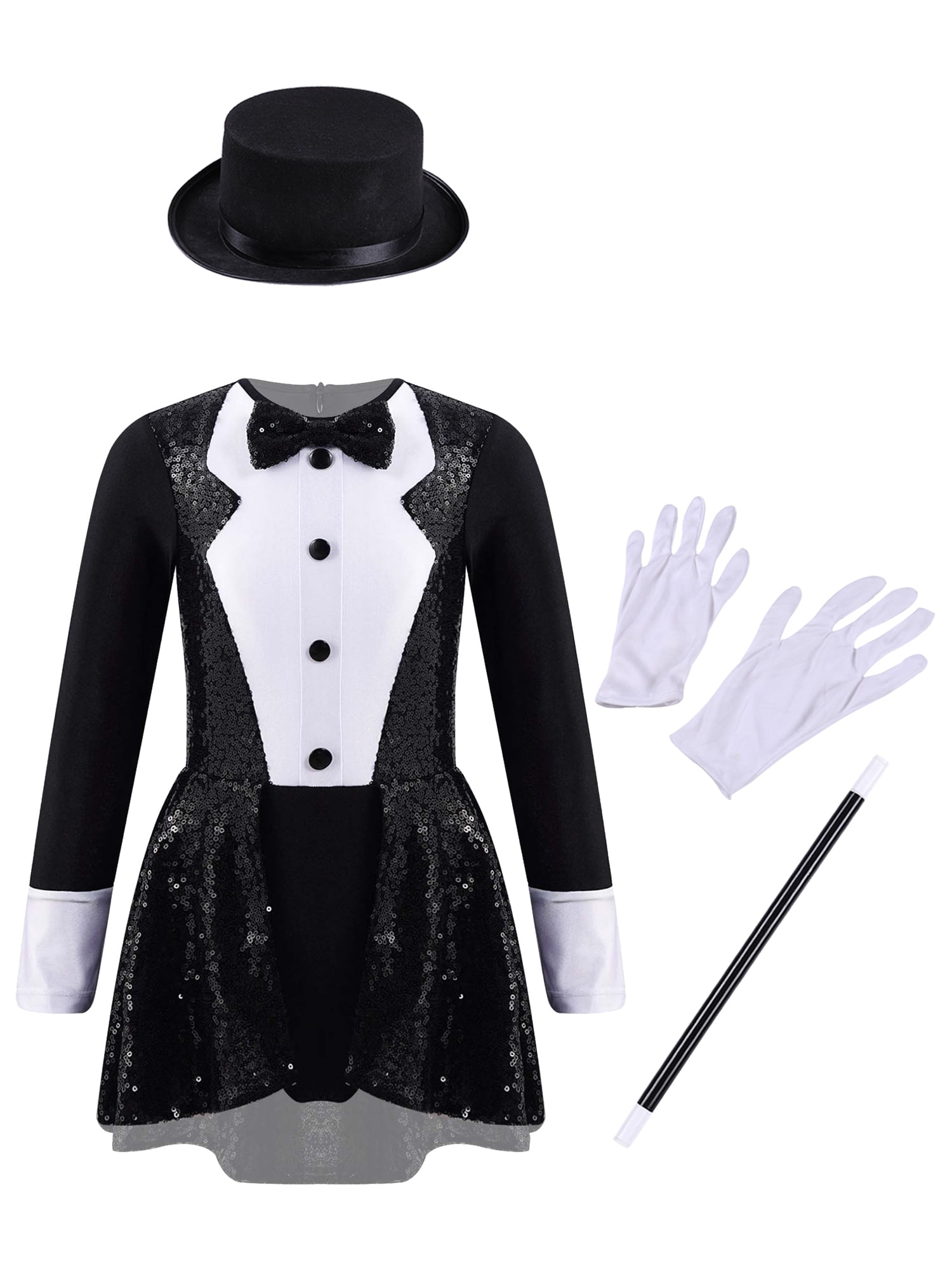 iEFiEL Kids Girls Magician Costume Long Sleeve Leotard Dress with Hat ...