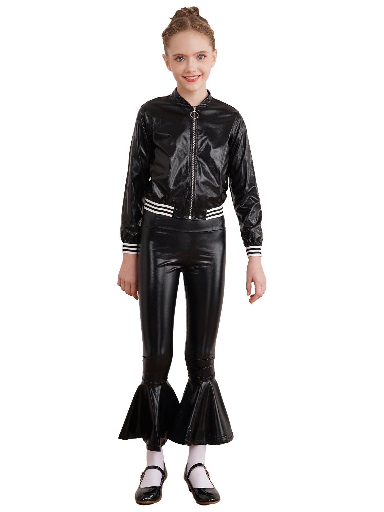 iEFiEL Kids Girls Metallic Dance Performance Suit Long Sleeve Front ...
