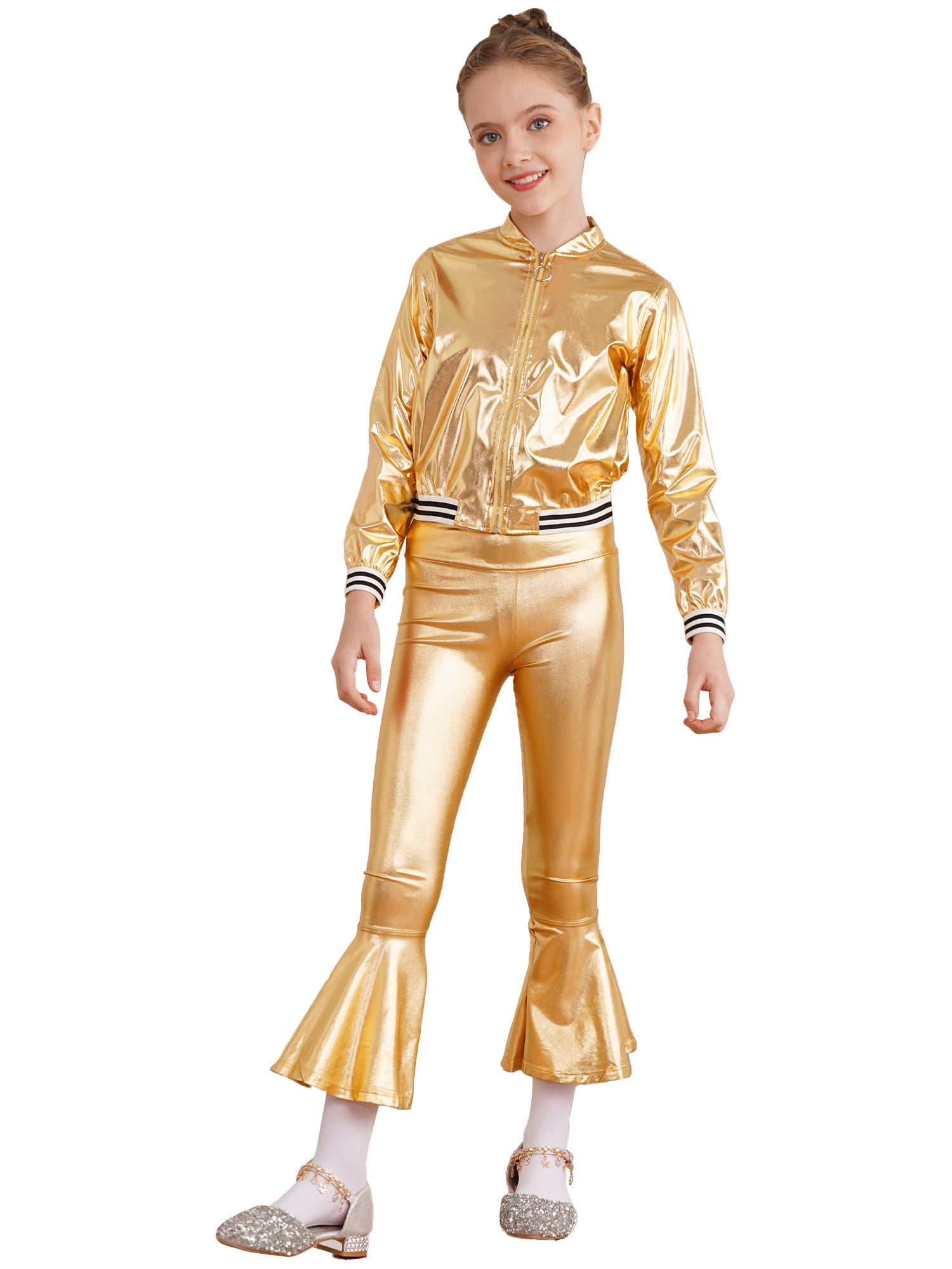 iEFiEL Kids Girls Metallic Dance Performance Suit Long Sleeve Front ...