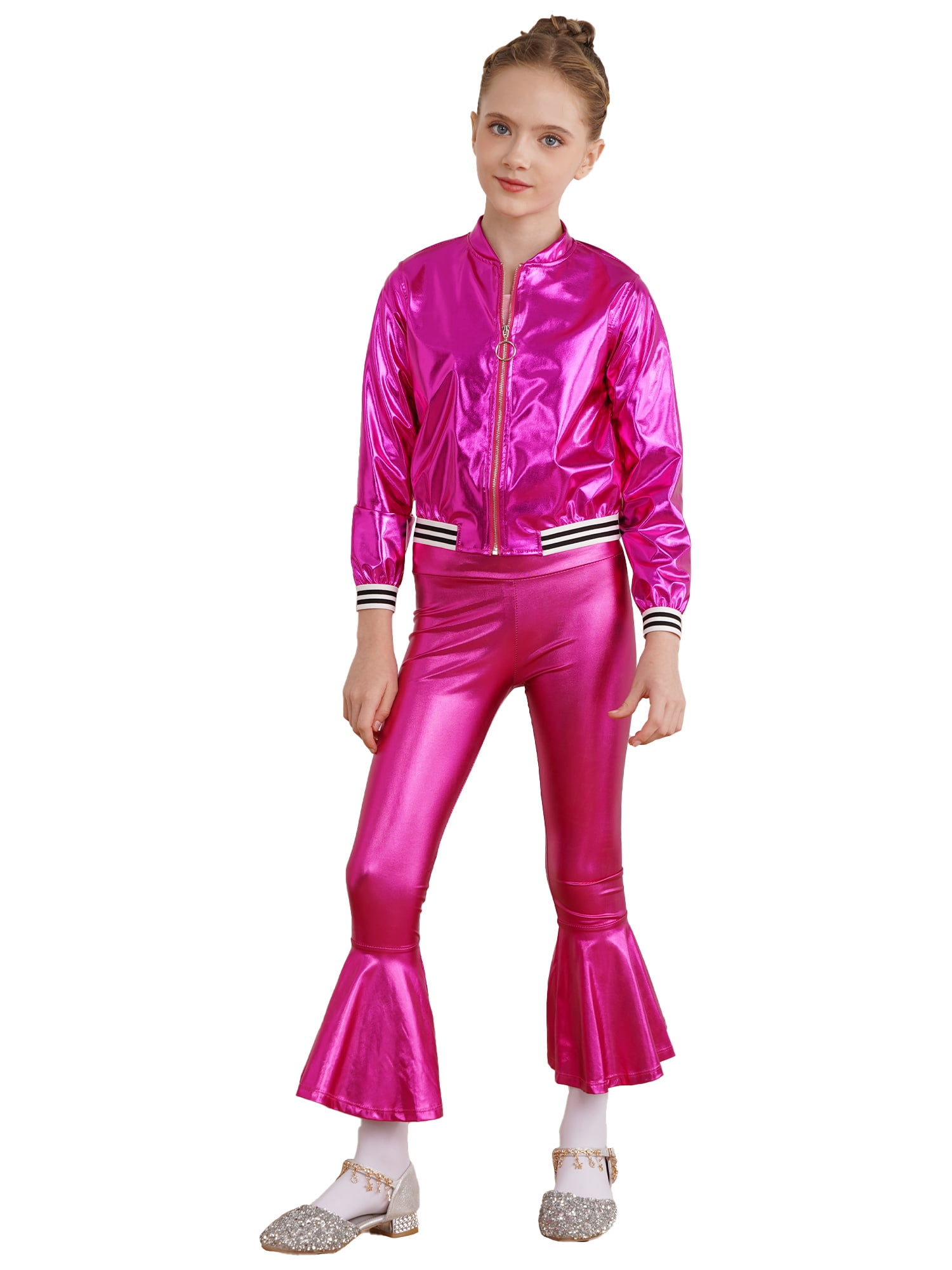 iEFiEL Kids Girls Metallic Dance Performance Suit Long Sleeve Front ...