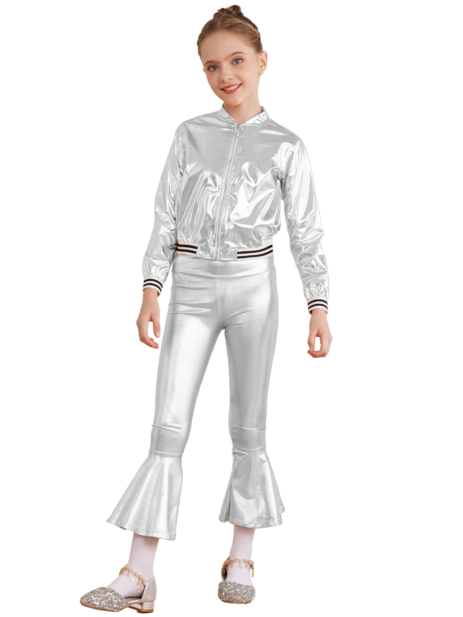 iEFiEL Kids Girls Metallic Dance Performance Suit Long Sleeve Front ...