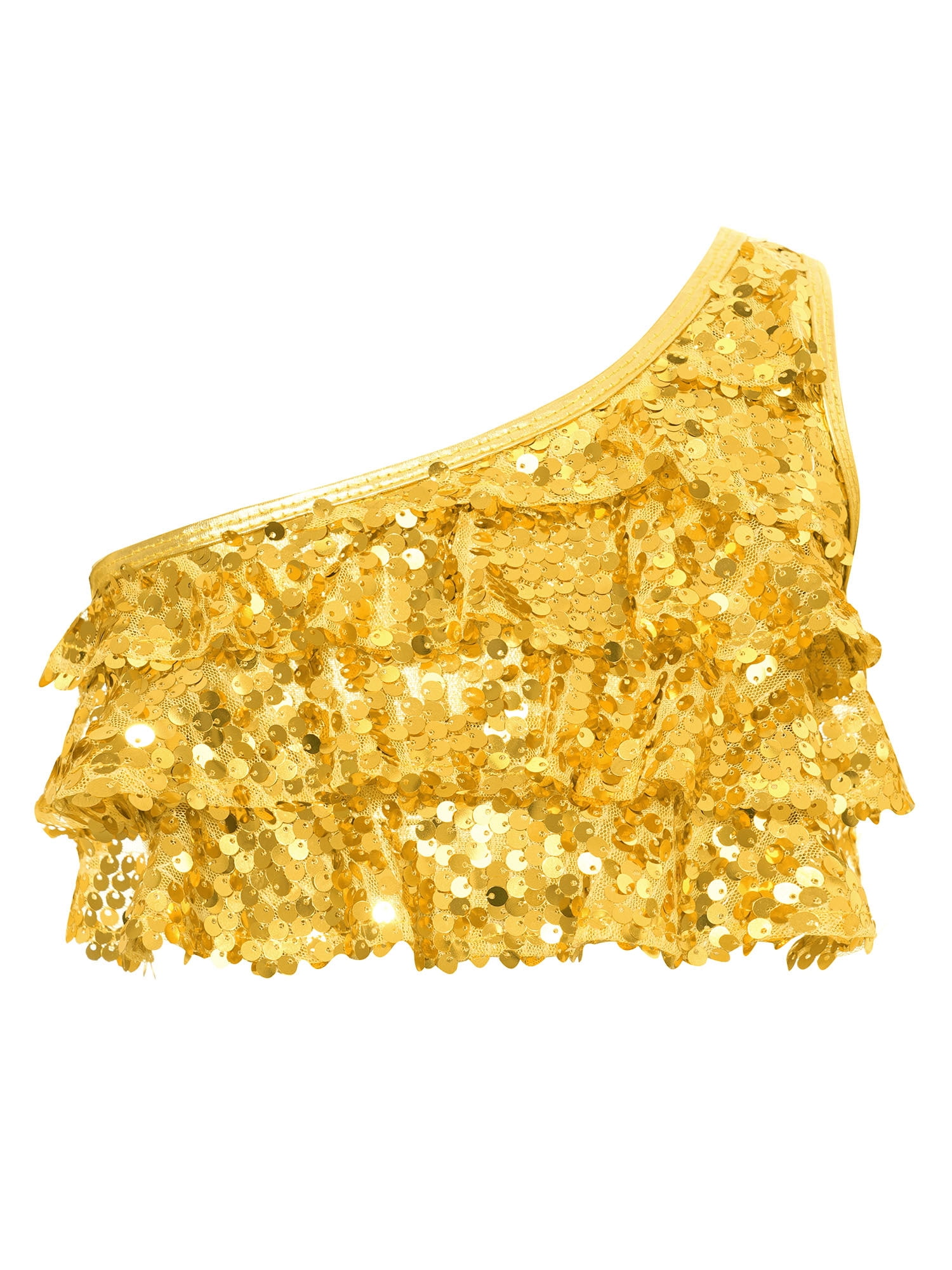 iEFiEL Kids Girls Metallic One Shoulder Dance Crop Top Shiny Sequins ...