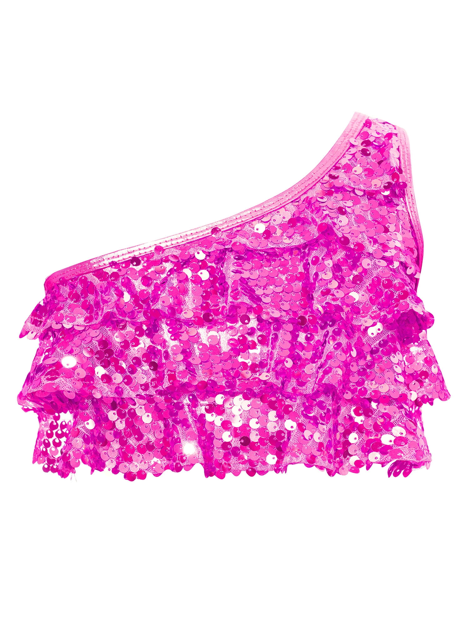 iEFiEL Kids Girls Metallic One Shoulder Dance Crop Top Shiny Sequins ...