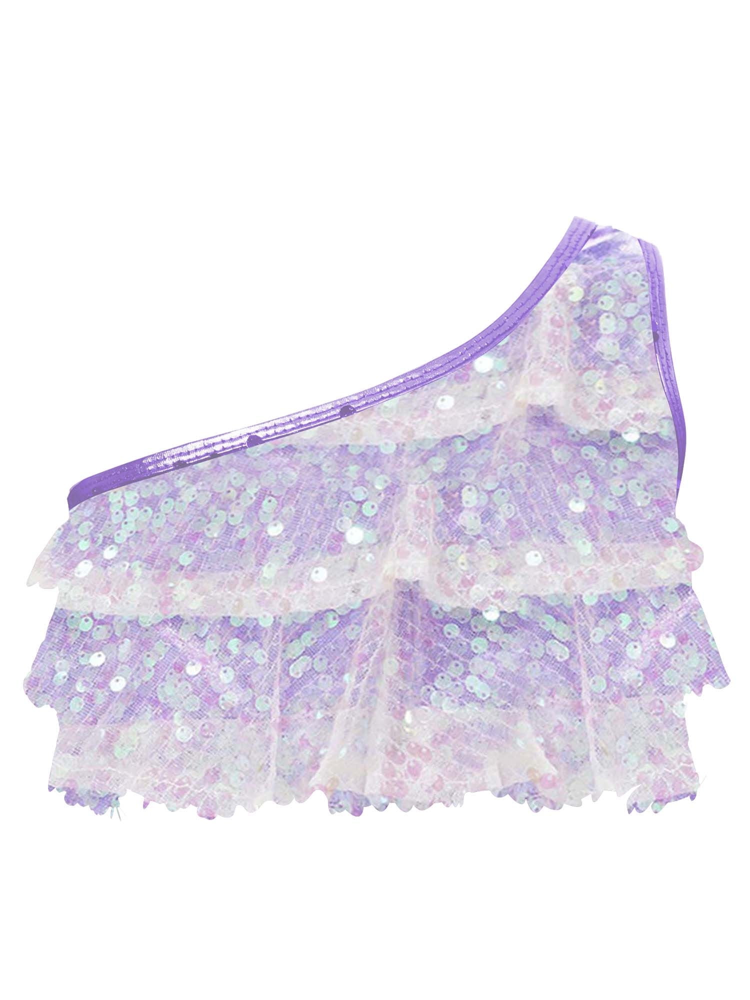 iEFiEL Kids Girls Metallic One Shoulder Dance Crop Top Shiny Sequins ...
