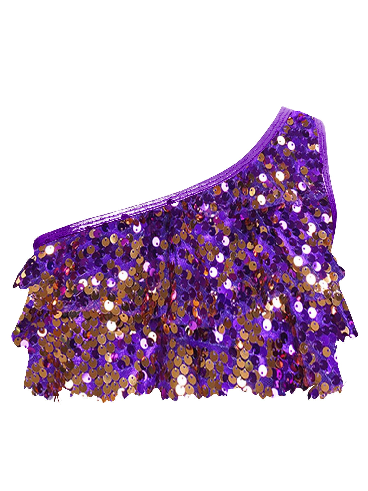 iEFiEL Kids Girls Metallic One Shoulder Dance Crop Top Shiny Sequins ...
