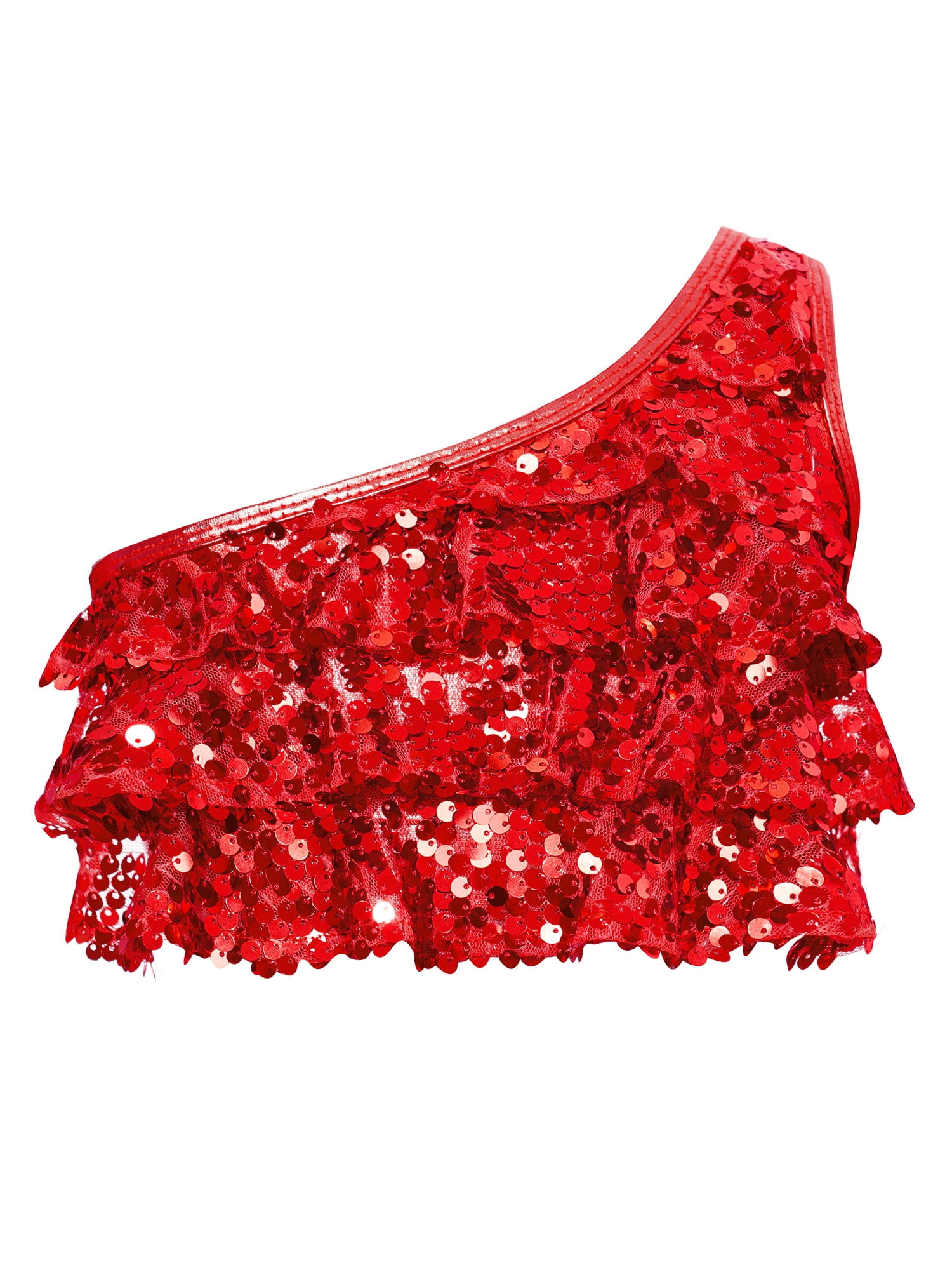 iEFiEL Kids Girls Metallic One Shoulder Dance Crop Top Shiny Sequins ...