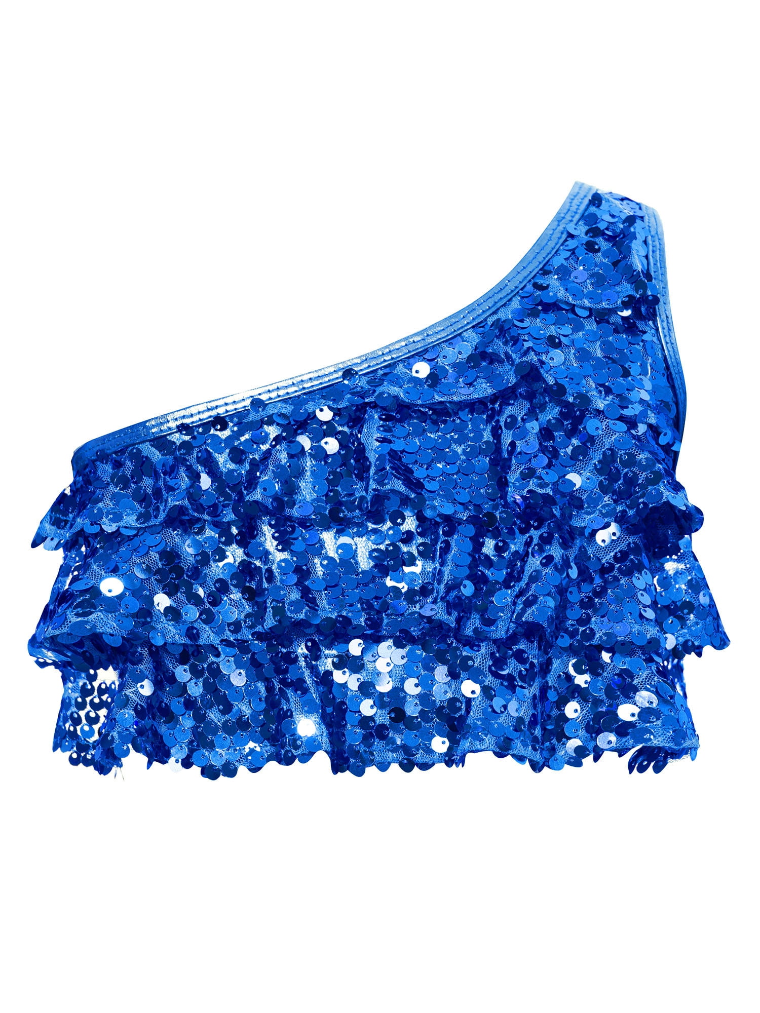 iEFiEL Kids Girls Metallic One Shoulder Dance Crop Top Shiny Sequins ...