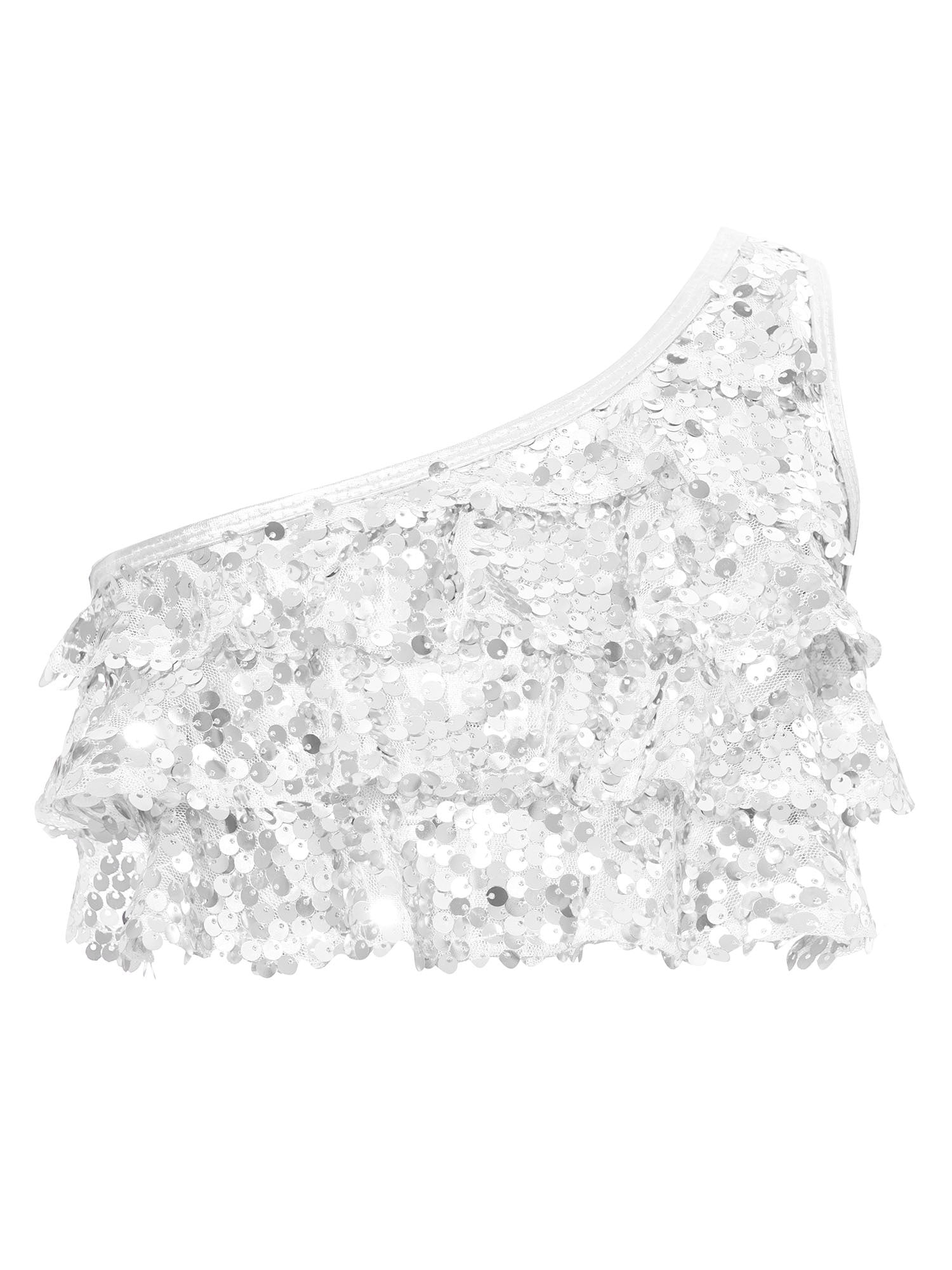 iEFiEL Kids Girls Metallic One Shoulder Dance Crop Top Shiny Sequins ...