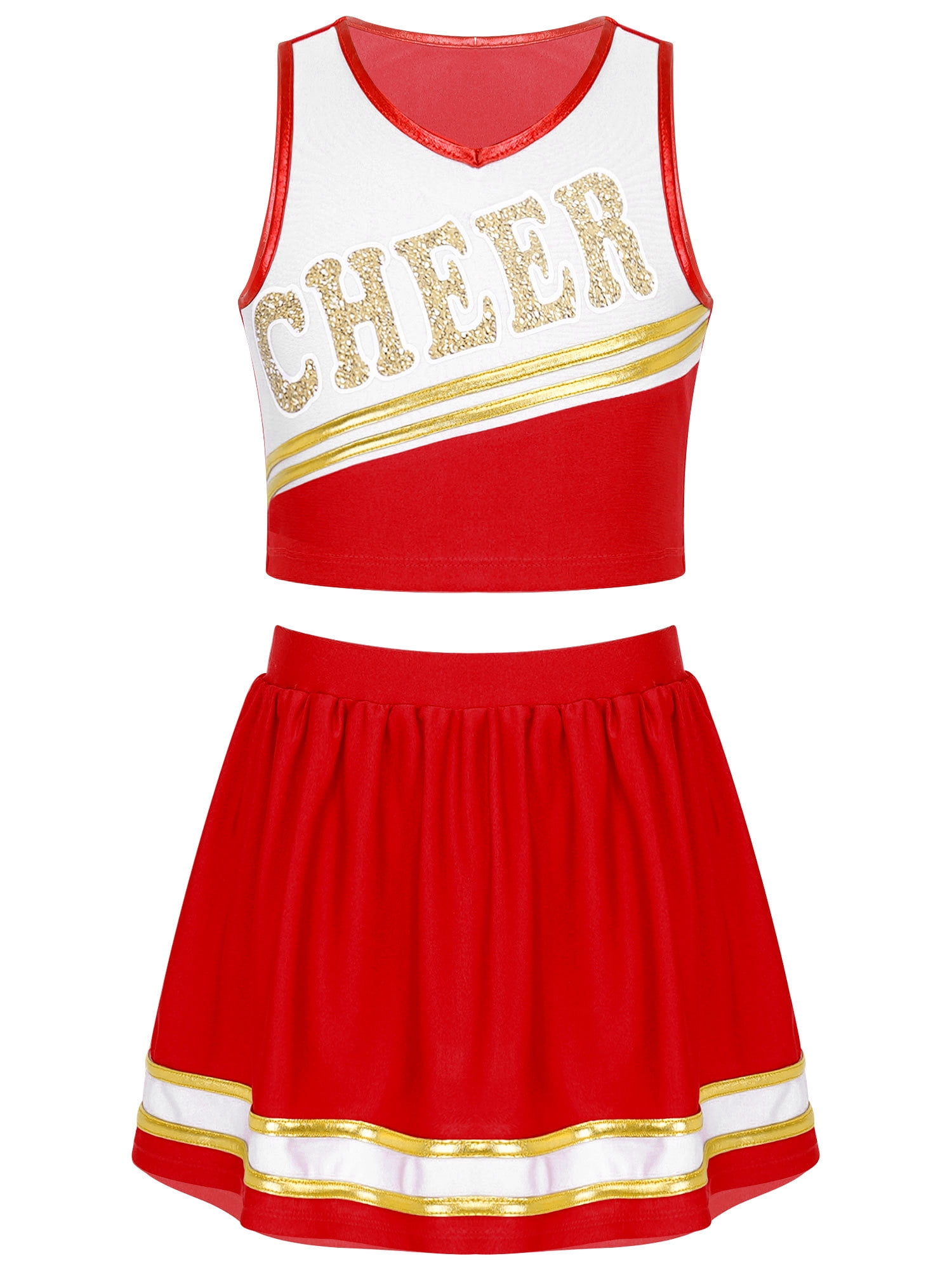 iEFiEL Kids Girls Patchwork Style Cheer Leading Dance Costume Uniform V Neck Crop Top with ...