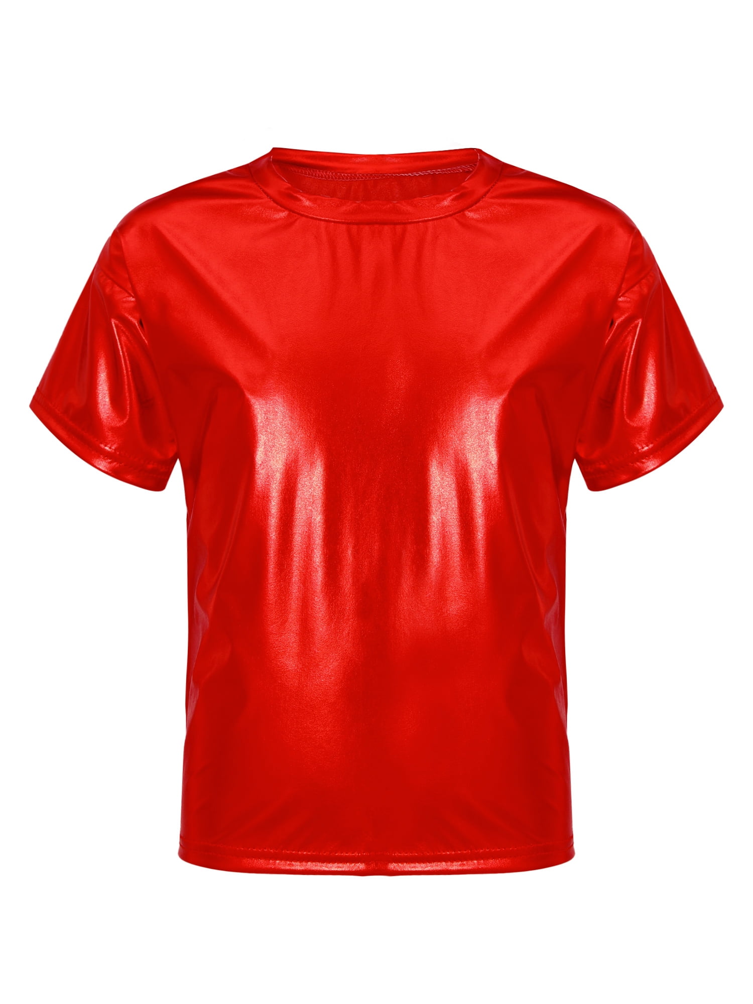 iEFiEL Kids Girls Shiny Metallic Dance Crop Tops Short Sleeves T-Shirt ...