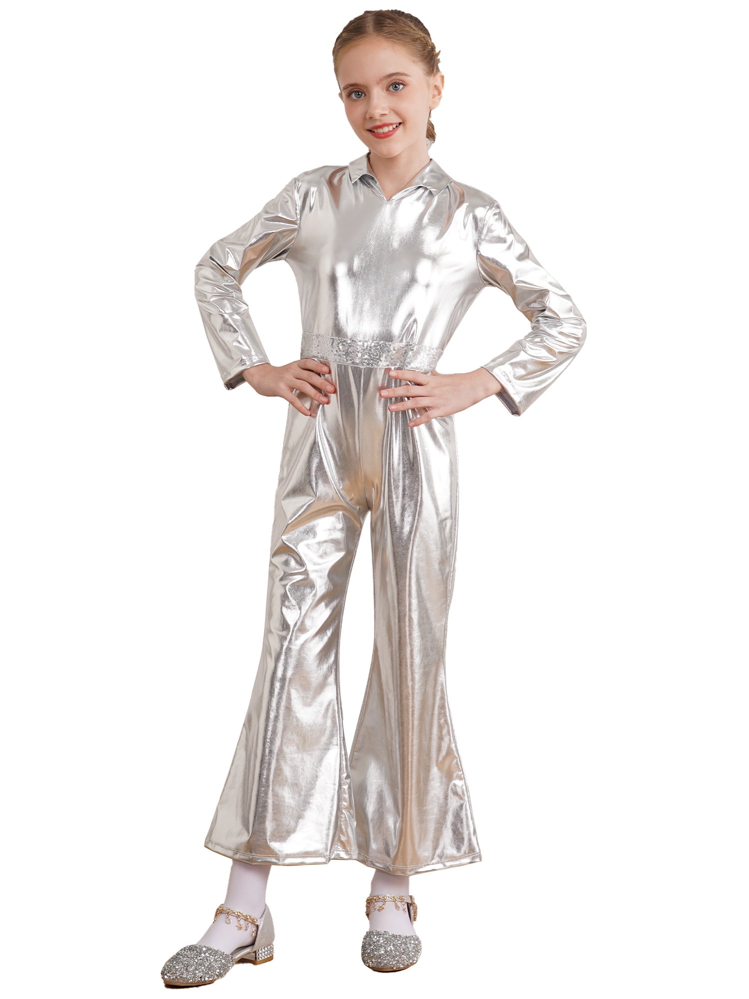 iEFiEL Kids Girls Shiny Metallic Long Jumpsuit Retro Long Sleeve Bell ...