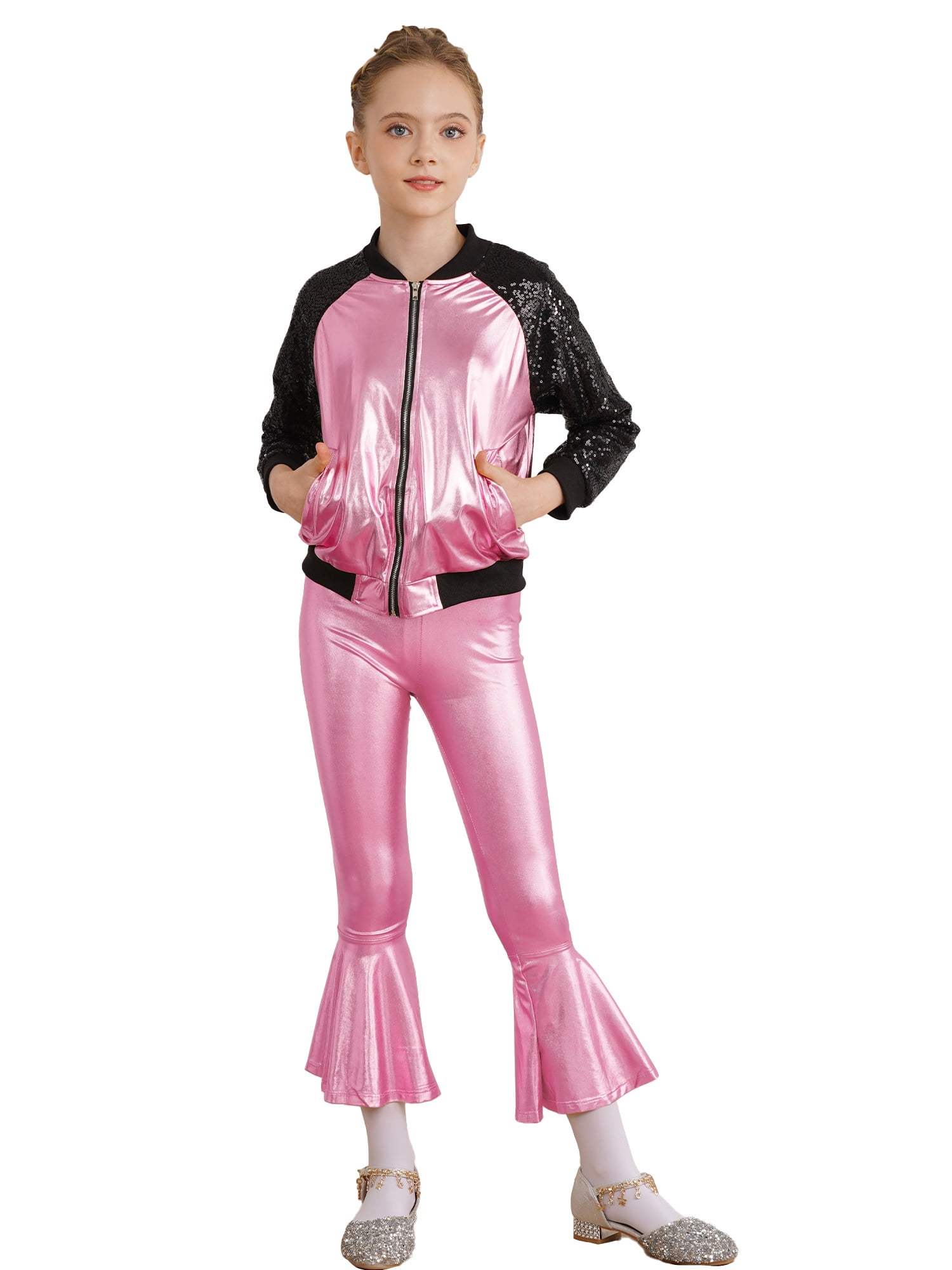 iEFiEL Kids Girls Shiny Sequins Dance Outfit Long Sleeve Jacket with ...