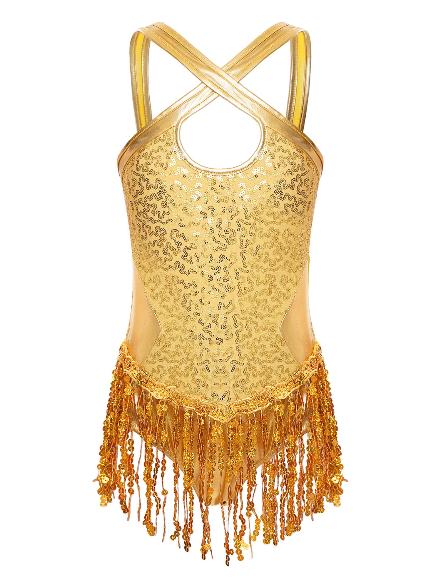iEFiEL Kids Girls Shiny Tassels Latin Fancy Skating Leotard Sleeveless ...
