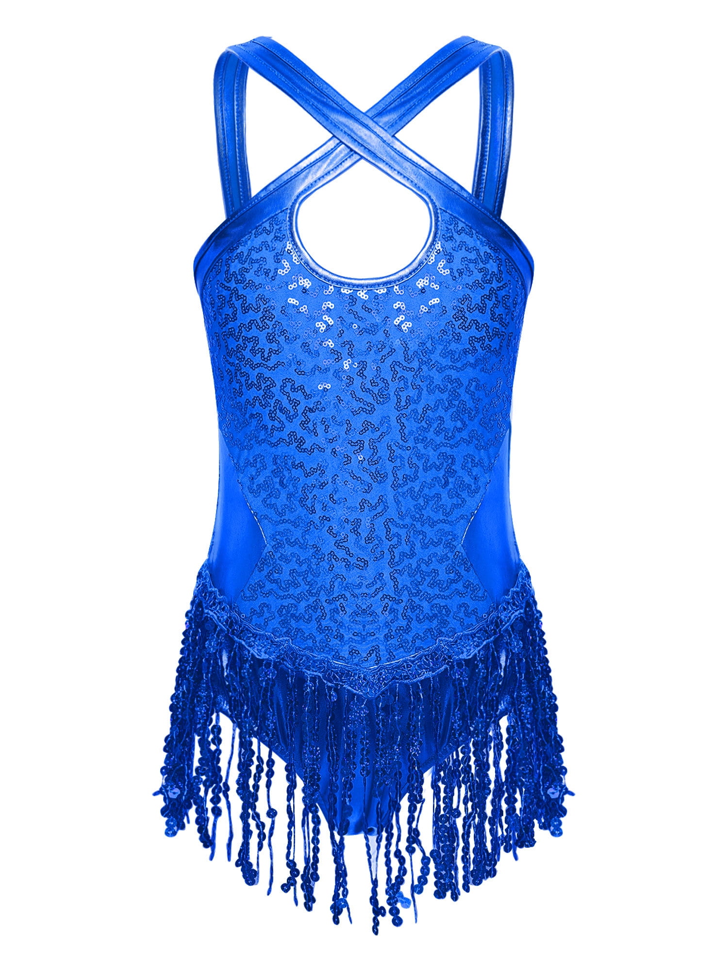iEFiEL Kids Girls Shiny Tassels Latin Fancy Skating Leotard Sleeveless ...