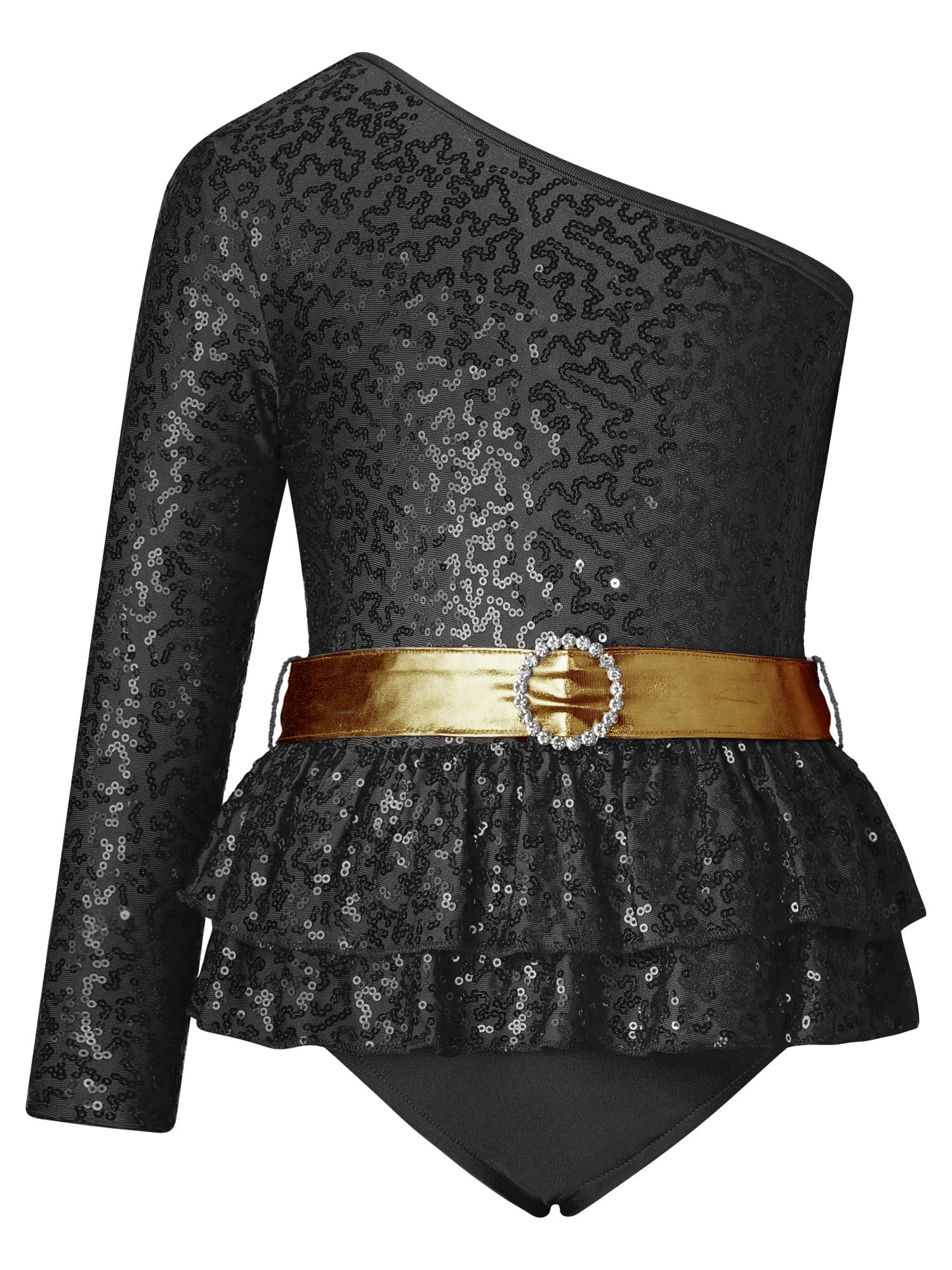 iEFiEL Kids Girls Single Long Sleeve Gymnastics Ballet Leotard Oblique Shoulder Shiny Sequins ...